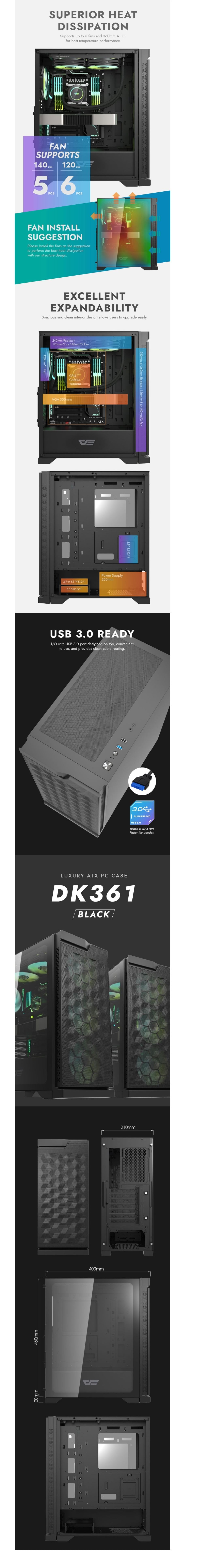 Darkflash DK361 PC Case Tempered Glass ATX With 4xARGB Fans - Black