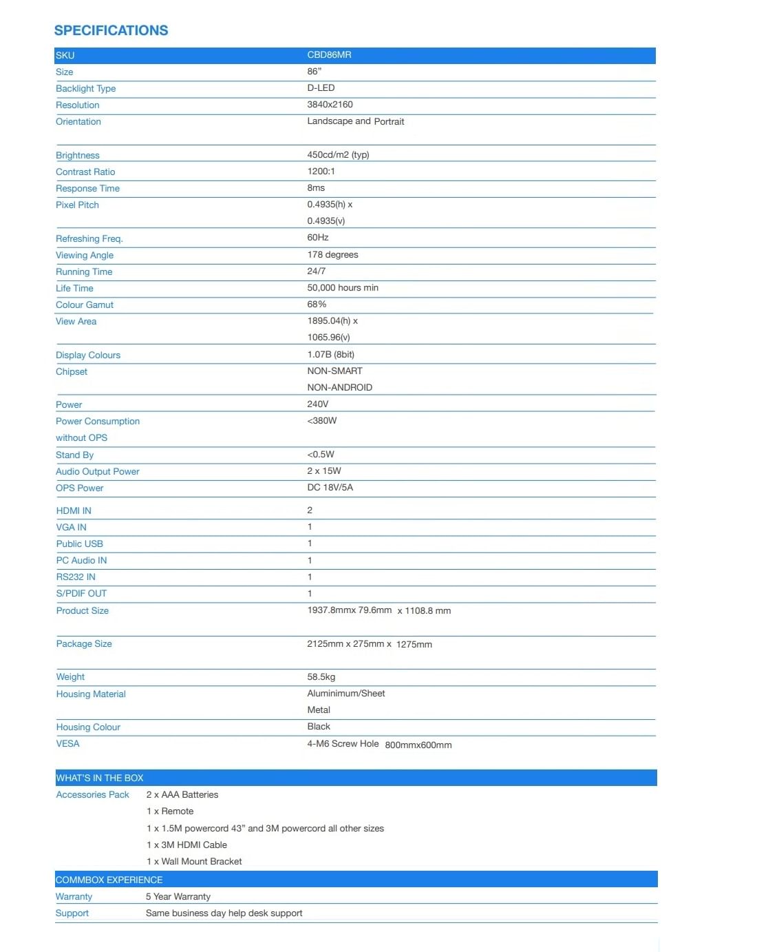 Commbox 86" 4K UHD 24/7 Meeting Room Commercial Display
