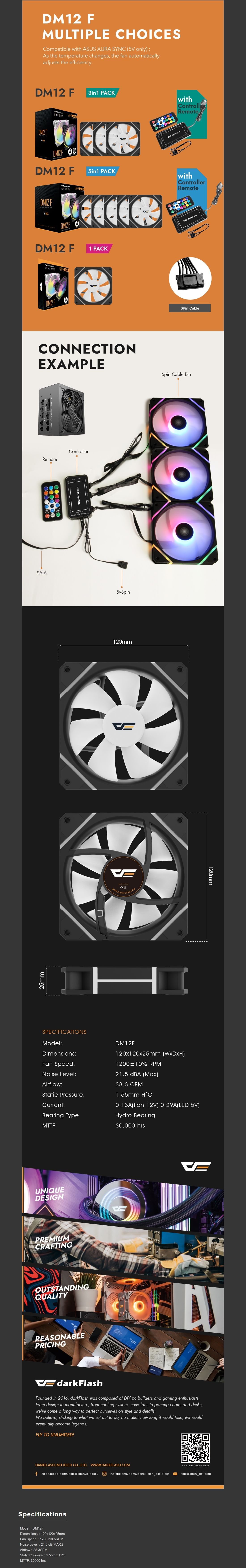 DarkFlash DM12F 3-Pack ARGB Case 120mm Cooling Fan with Remote ...