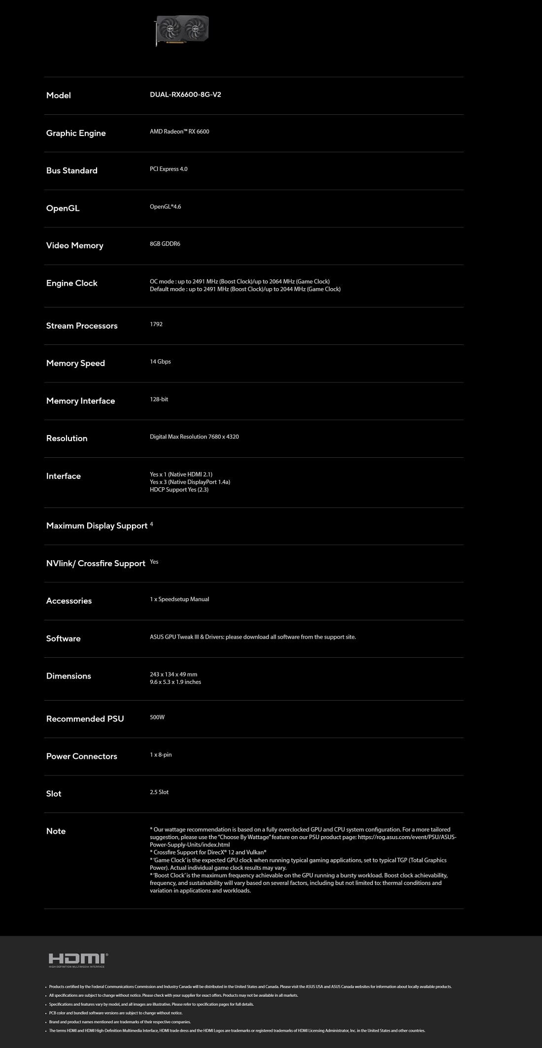Asus Dual Radeon RX 6600 8G Graphics Card