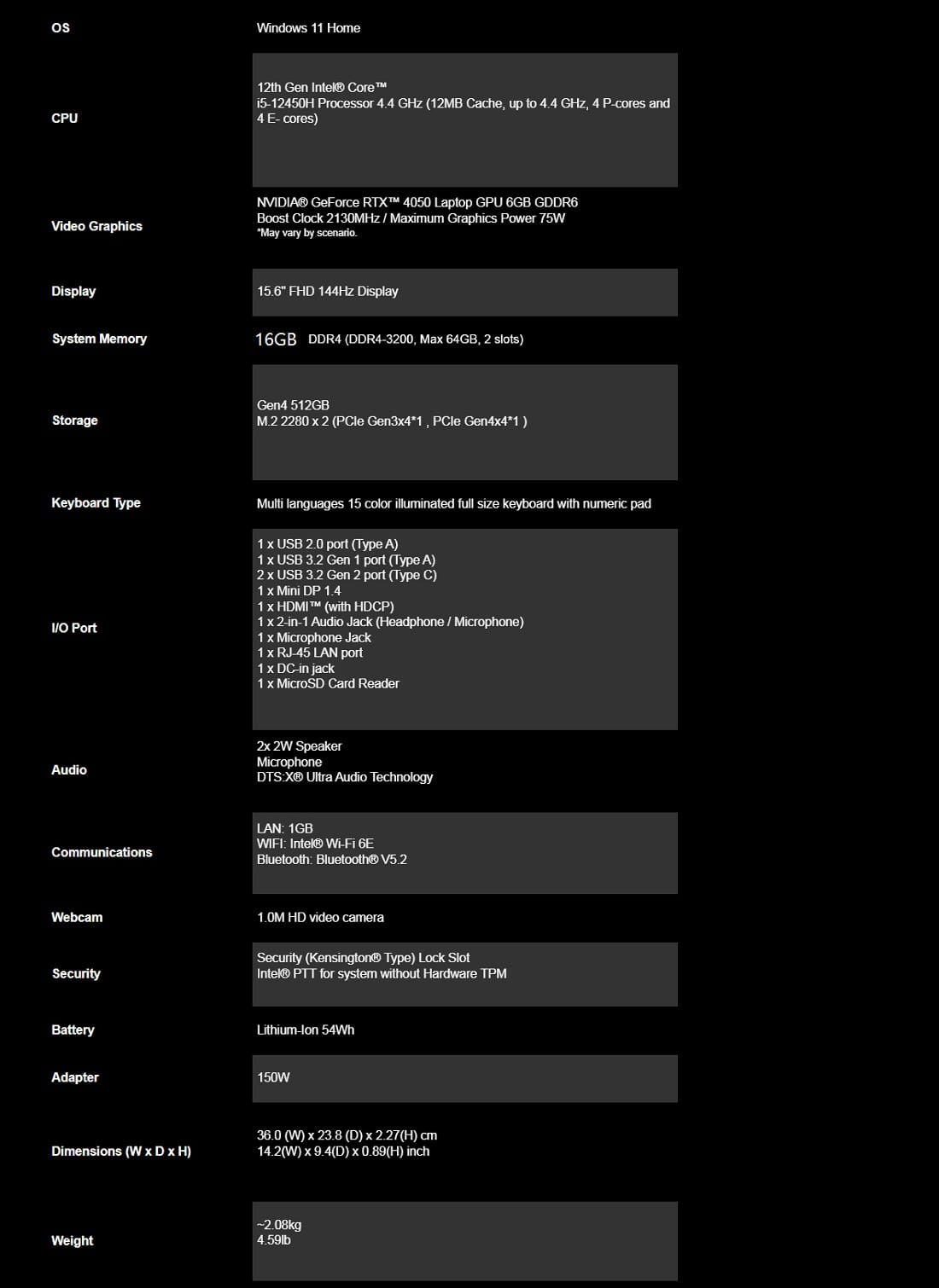 Gigabyte G5 MF, 15.6" FHD 144Hz, Intel Core i5-12450H, 16GB RAM, 512GB ...
