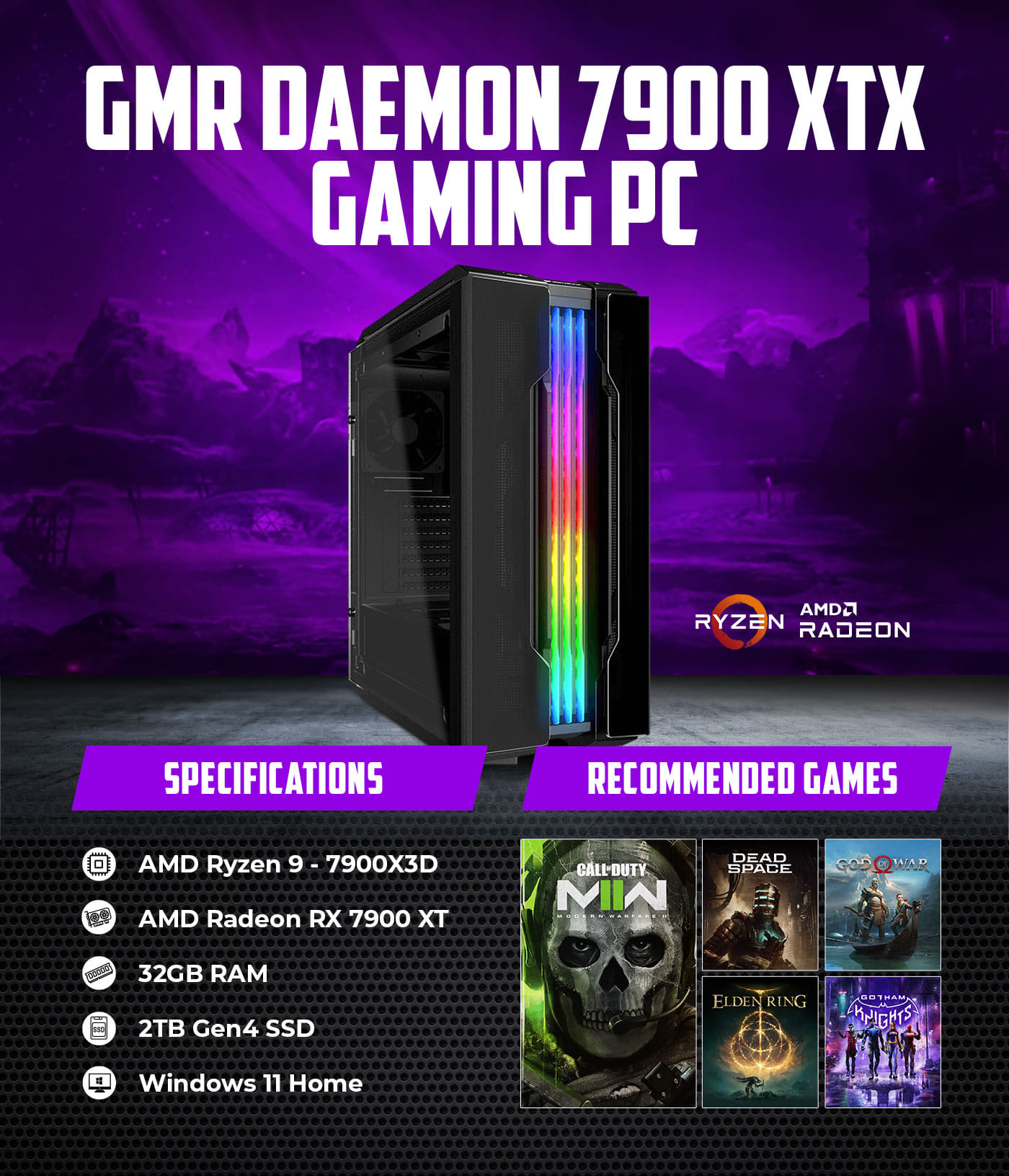 GMR Daemon 7900 XTX Gaming PC - AMD Ryzen 9 7900X3D, 32GB DDR5, RX 7900 ...