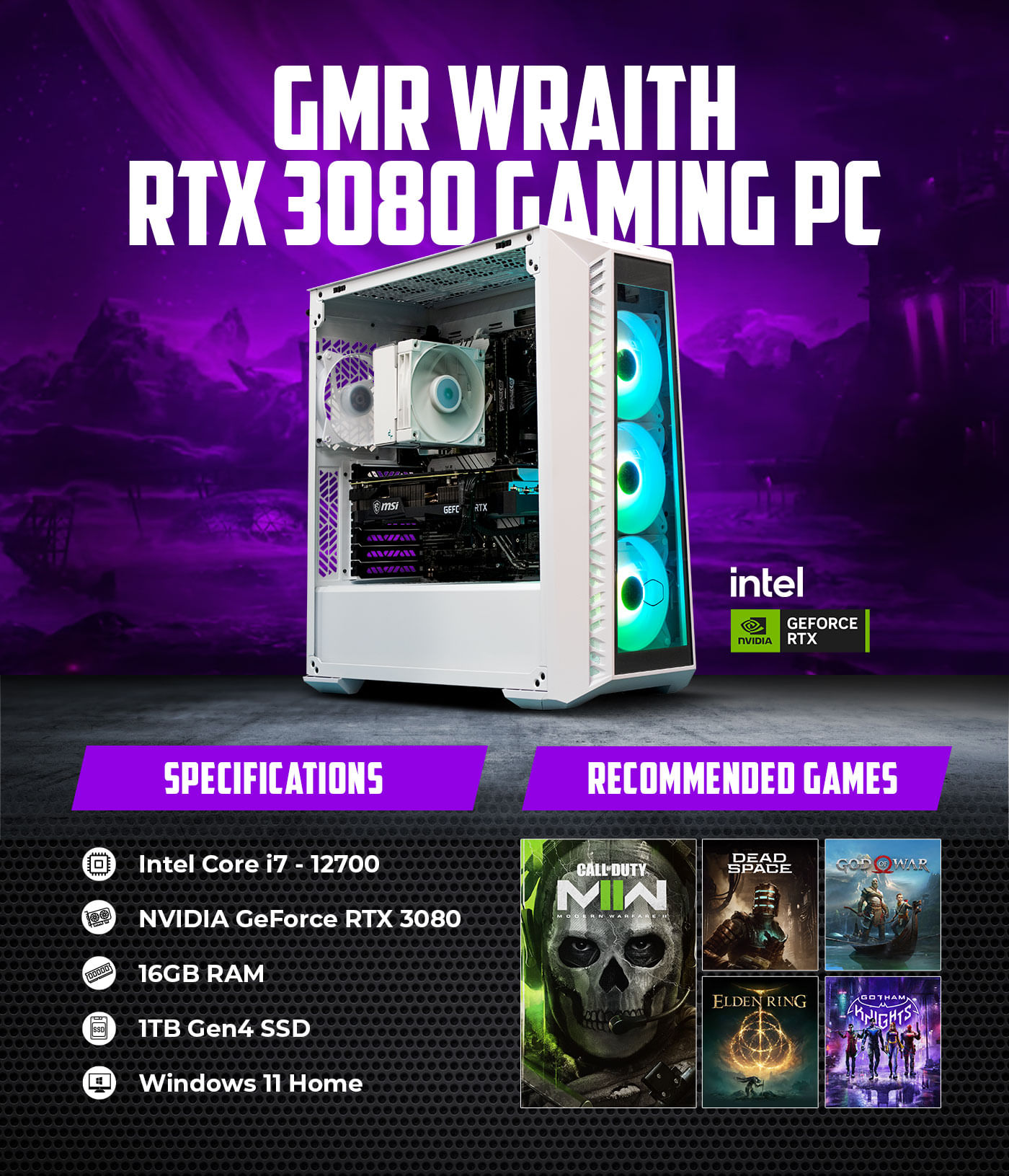 GMR Wraith 3080 Gaming PC - (i7 12700F | 16GB RAM | RTX 3080 10G | 1TB ...