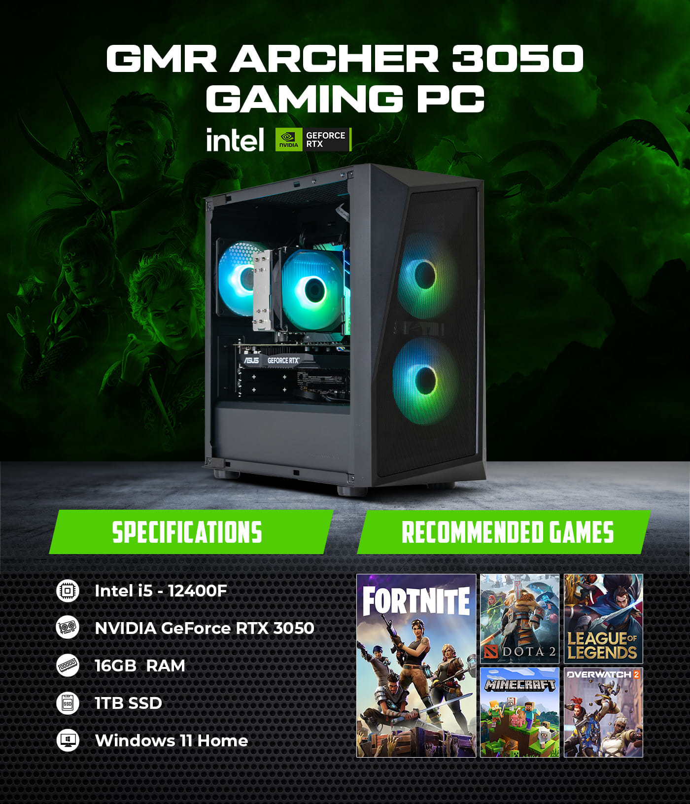 GMR Archer 3050 Gaming PC- (i5 12400F | 16GB RAM | RTX 3050 8G | 1TB ...