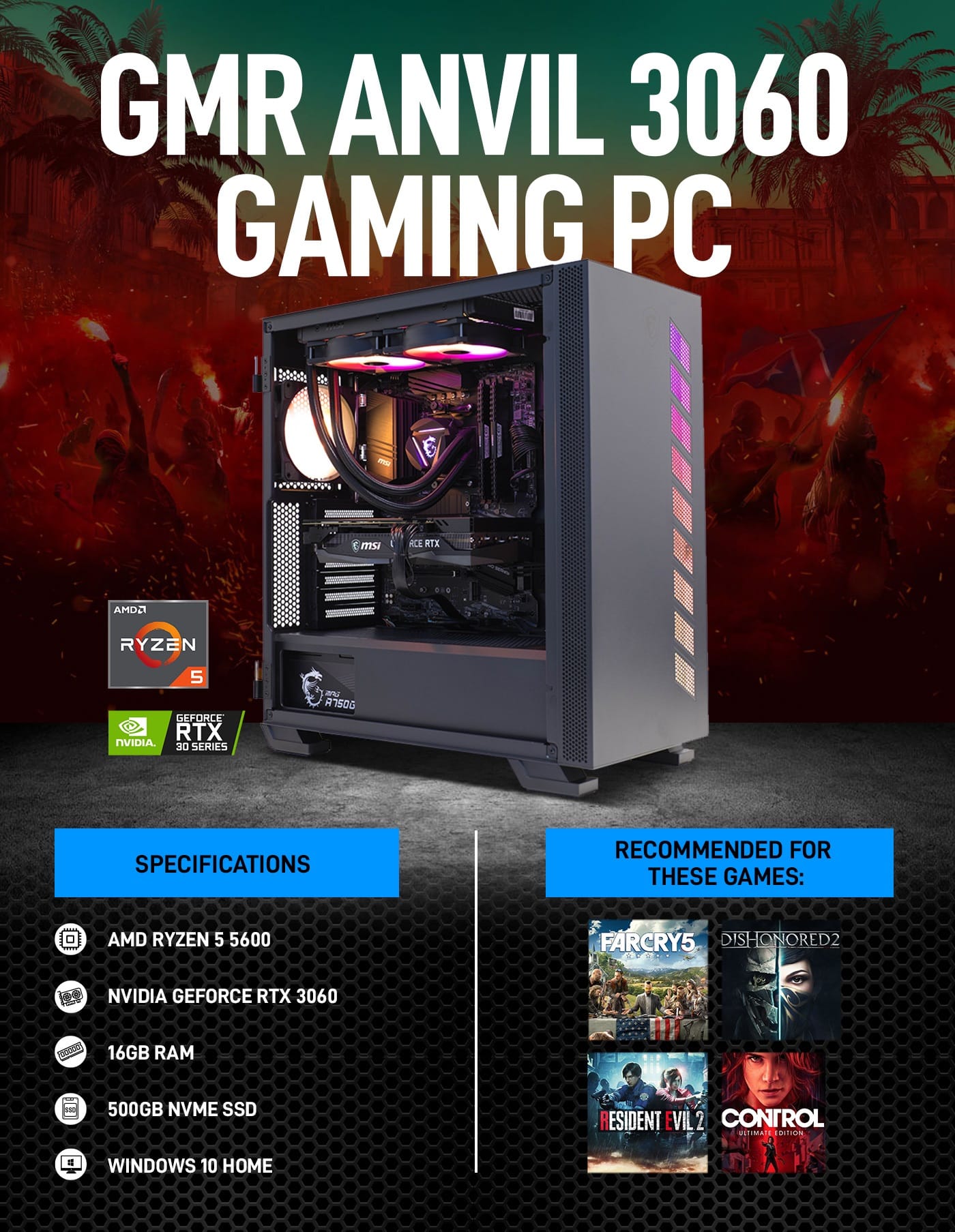GMR Anvil 3060 Gaming PC - AMD Ryzen 5 5600, 16GB RAM, RTX3060 12GB ...