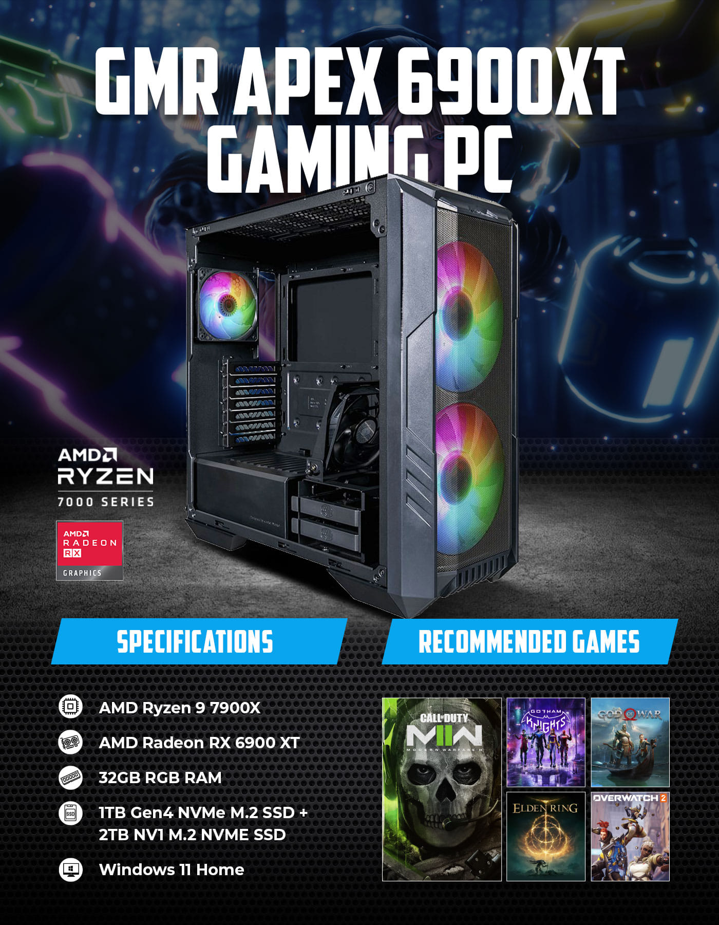 GMR Apex 6900 XT Gaming PC - Ryzen 9 7900X, 32GB DDR5, 6900 XT, 1TB ...