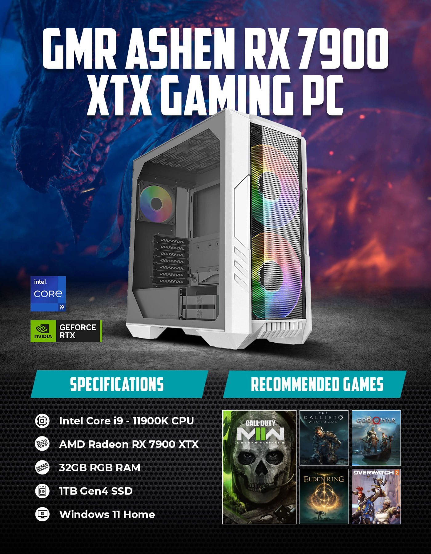 GMR Ashen 7900XTX Gaming PC - Intel i9-11900K, 32GB RAM, RX 7900 XTX ...