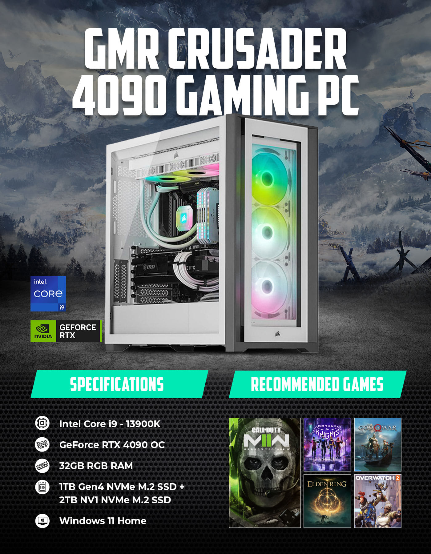 GMR Crusader 4090 Gaming PC - Intel i9 13900K, 32GB DDR5, RTX 4090, 1TB ...