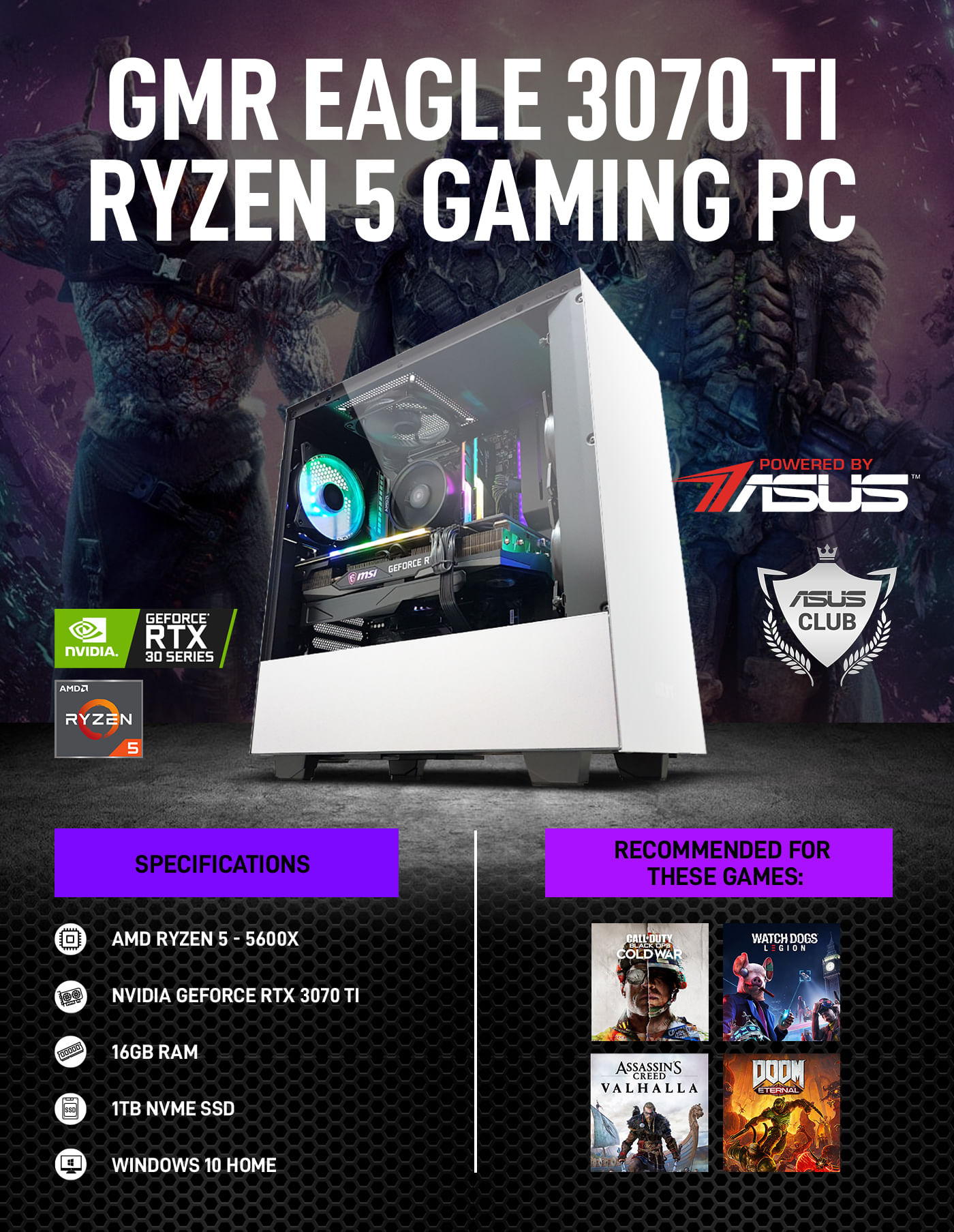 GMR Eagle 3070 Ti Gaming PC - AMD Ryzen 5 5600x, 16GB DDR4 3600, RTX3070 Ti 8GB, 1TB NVMe SSD ...