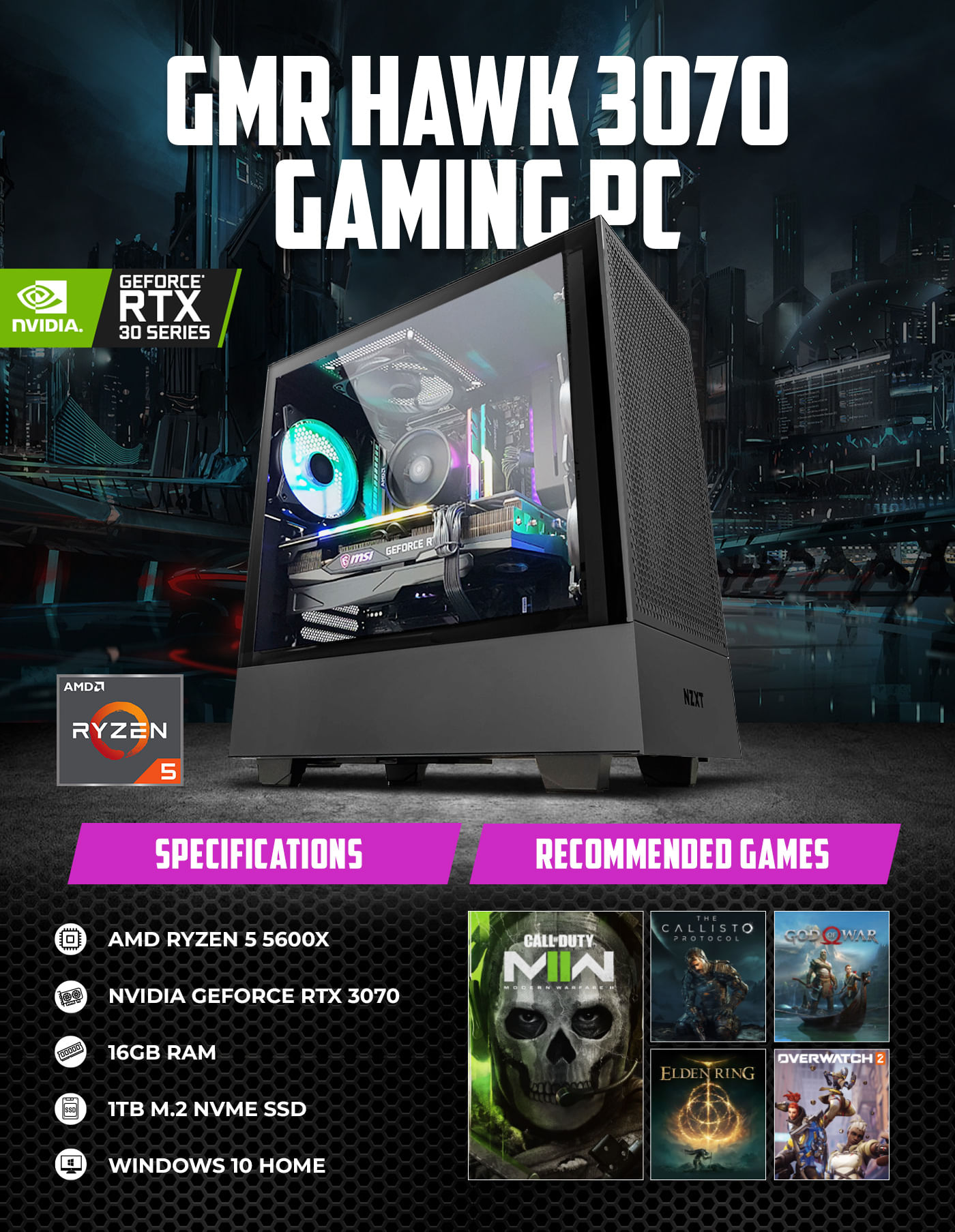 GMR Hawk 3070 Gaming PC - AMD Ryzen 5 5600X, 16GB RAM, RTX 3070, 1TB ...