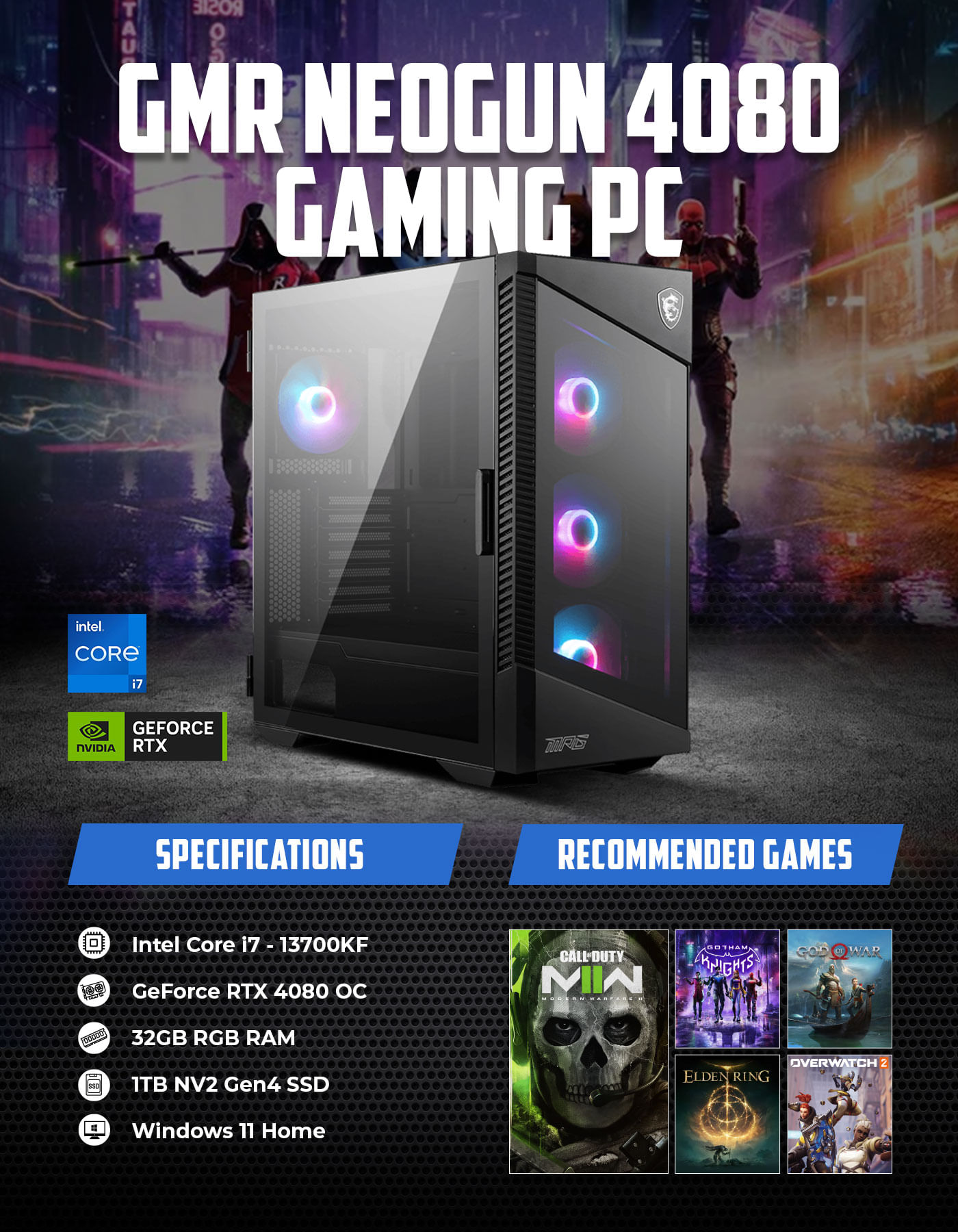 GMR Neogun 4080 Gaming PC - Intel i7 13700KF, 32GB DDR4, RTX 4080, 1TB ...