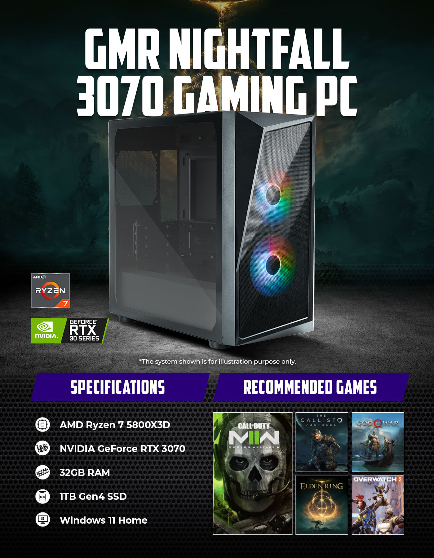 GMR Nightfall 3070 Gaming PC - Ryzen 7 5800X3D, 32GB RAM, RTX 3070, 1TB ...