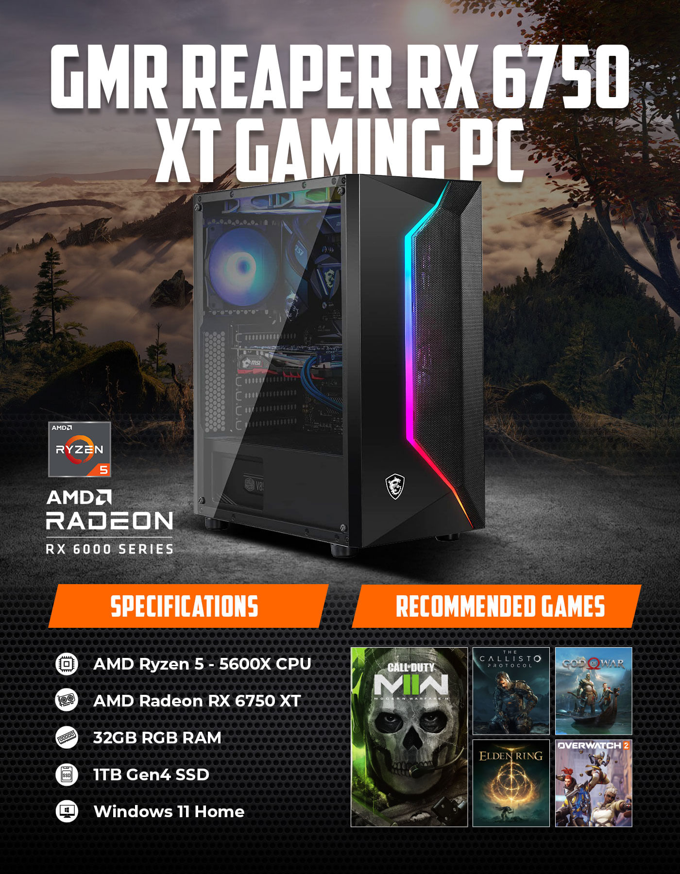GMR Reaper 6750 XT Gaming PC - AMD Ryzen 5 5600X, 32GB DDR4 RAM, Radeon ...