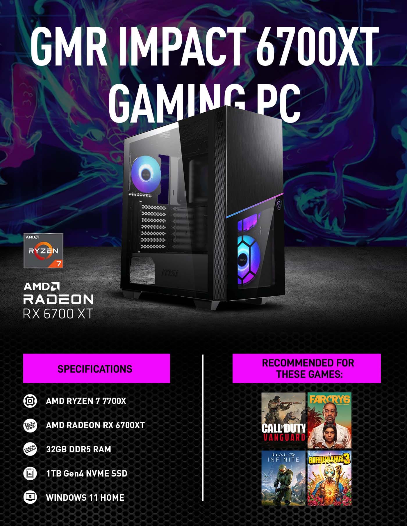 GMR Impact 6700 XT Gaming PC - AMD Ryzen 7 7700X, 32GB DDR5 RAM, Radeon ...
