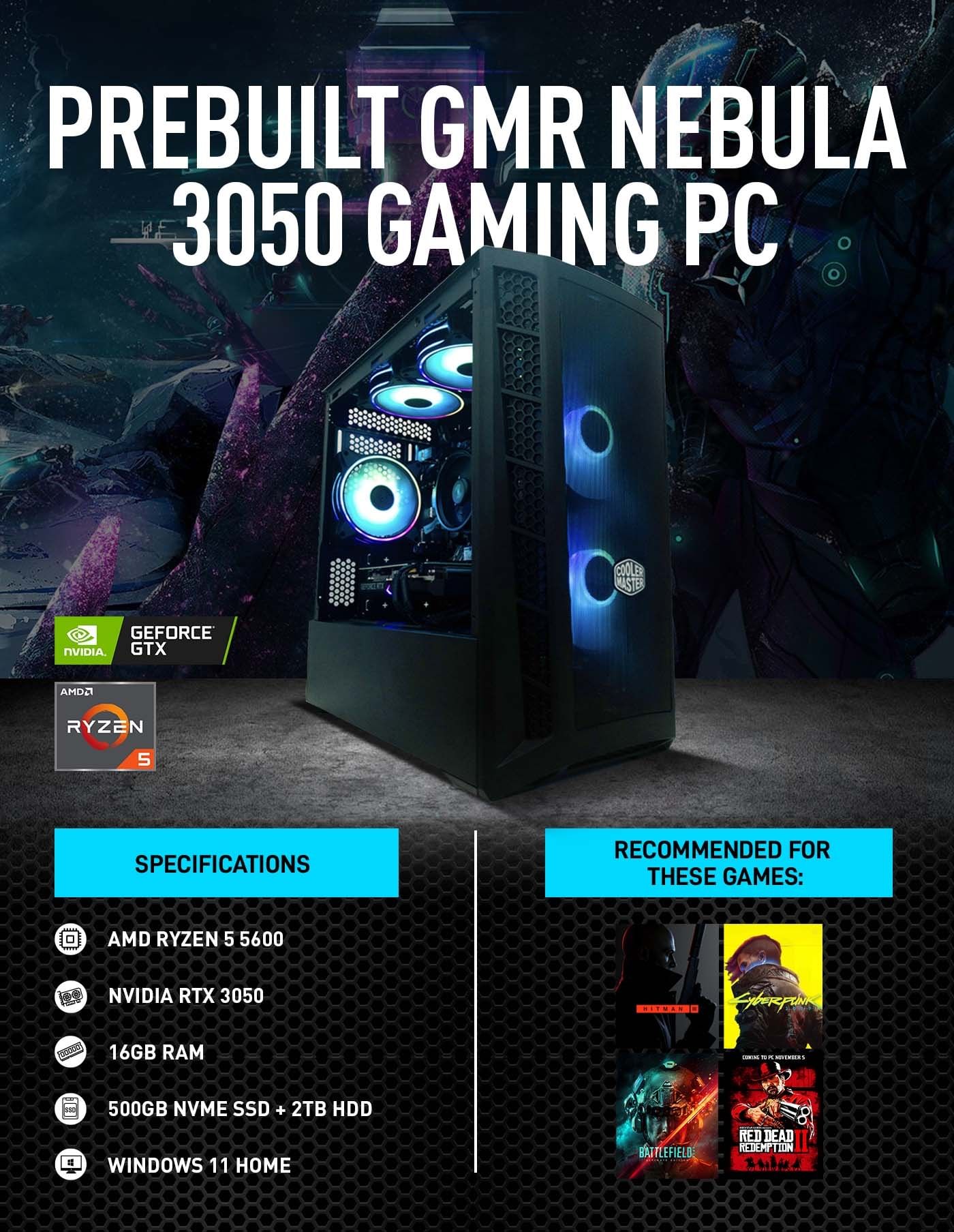 GMR Nebula 3050 Gaming PC - AMD Ryzen 5 5600, 16GB RAM, RTX3050, 500GB ...