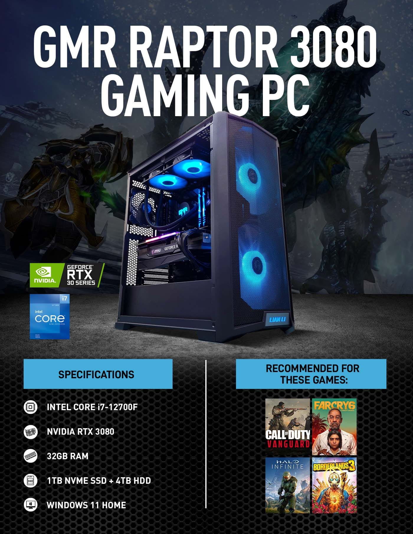 GMR Raptor 3080 Gaming PC - Intel i7-12700F, 32GB RAM, RTX3080 10GB ...