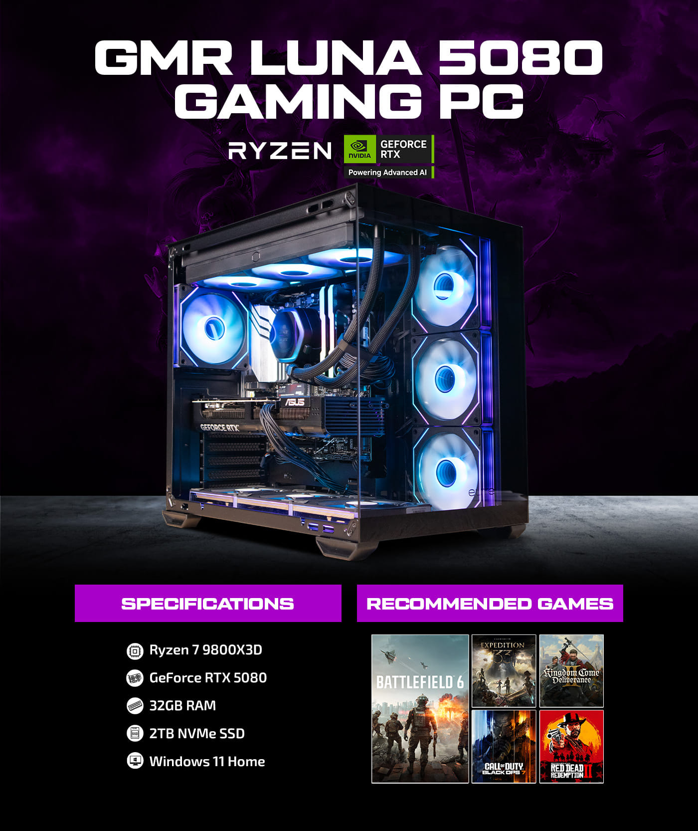 GMR Luna 5080 Gaming PC - (Ryzen 7 9800X3D | 32GB RAM | RTX 5080 16G ...