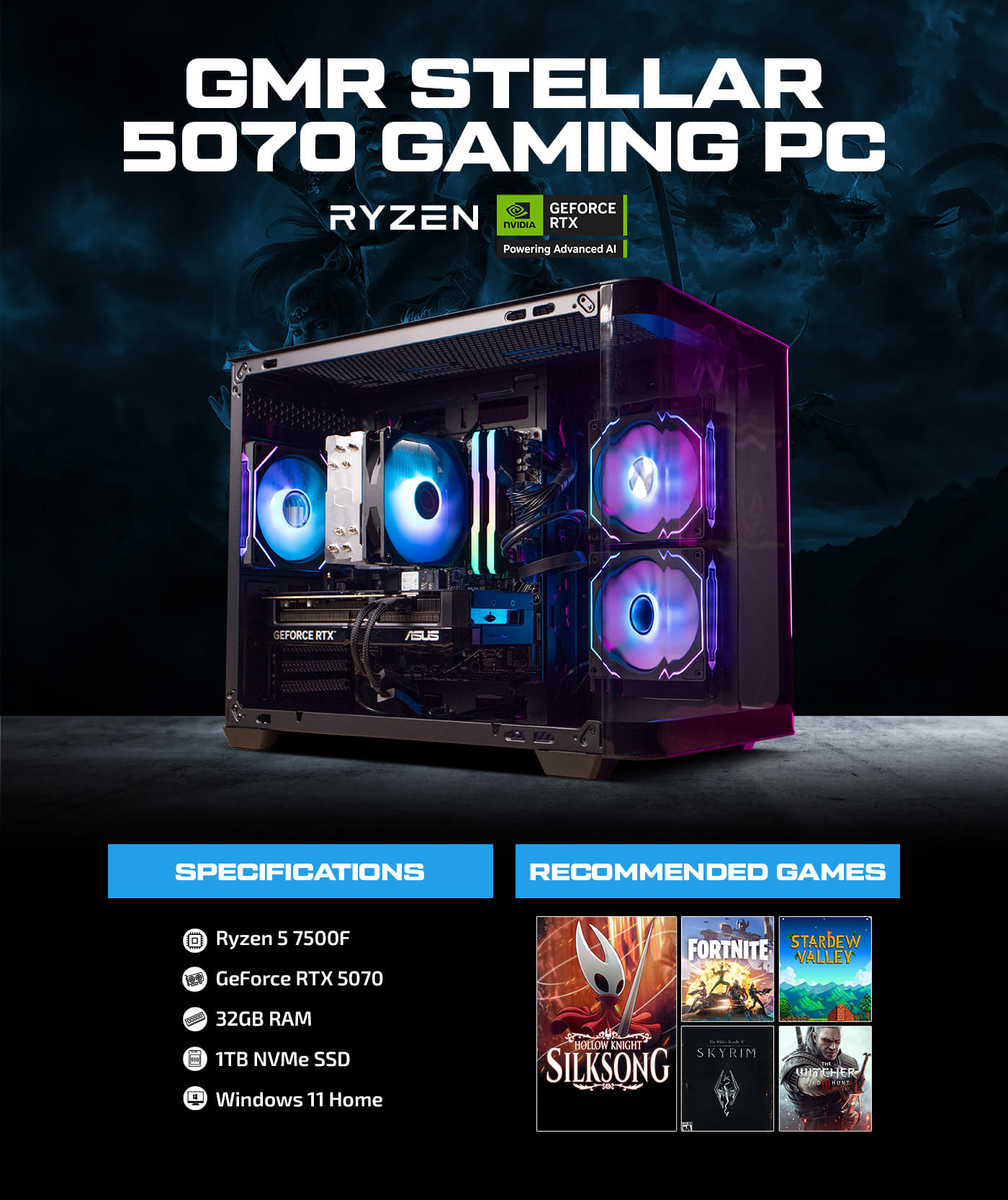 GMR Stellar 5070 Gaming PC- (Ryzen 5 7500F | 32GB RAM | RTX 5070 12G ...