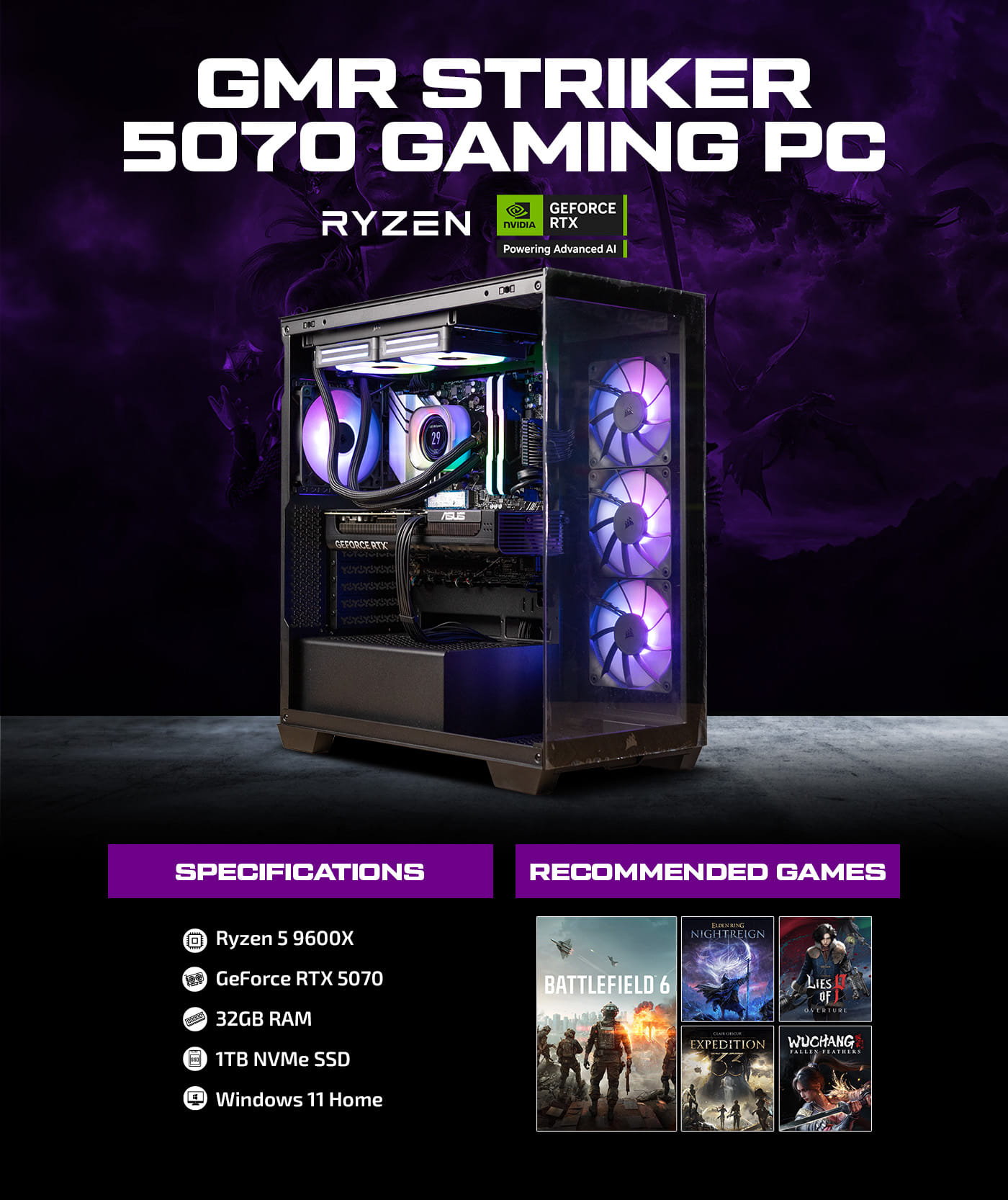 GMR Striker 5070 Gaming PC - (Ryzen 5 9600X | 32GB RAM | RTX 5070 12GB ...