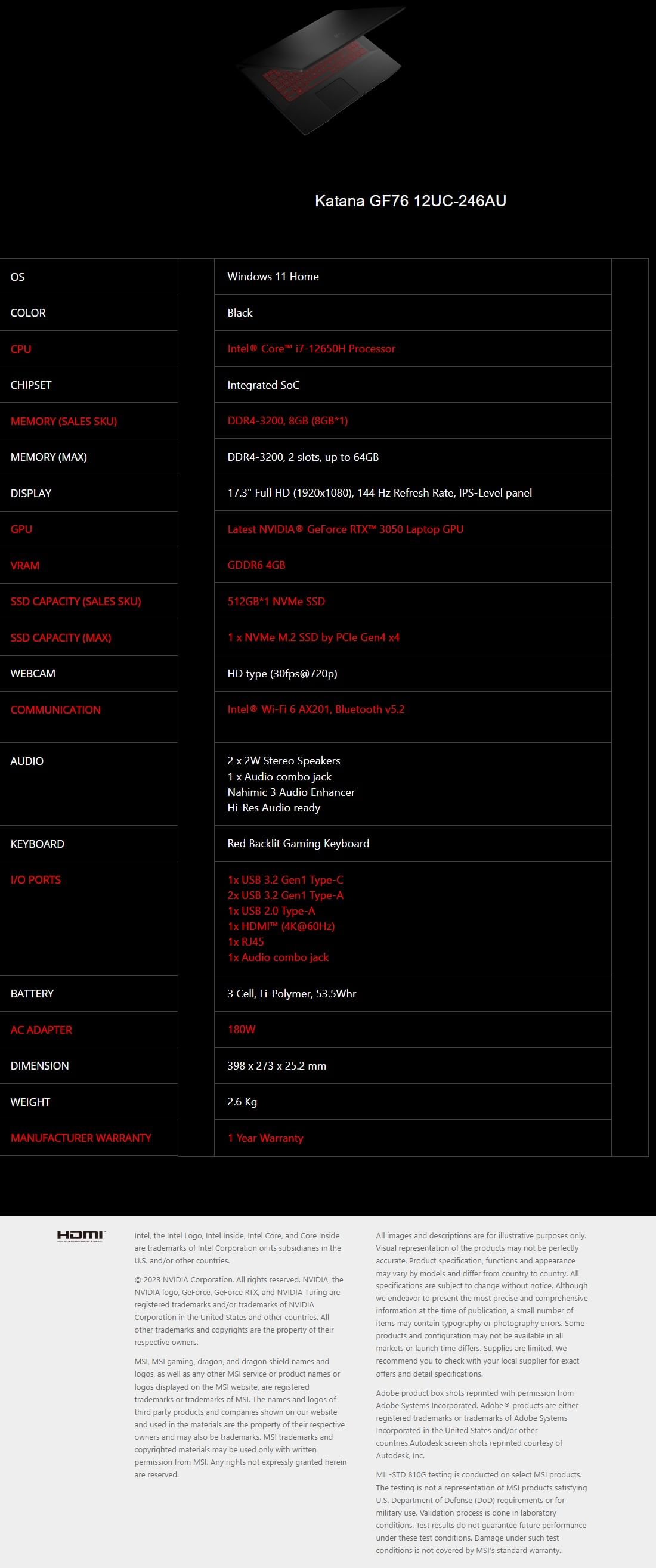 MSI Katana GF76 12UC, 17.3" FHD 144Hz Laptop, i7-12650H, 8GB RAM, 512GB ...