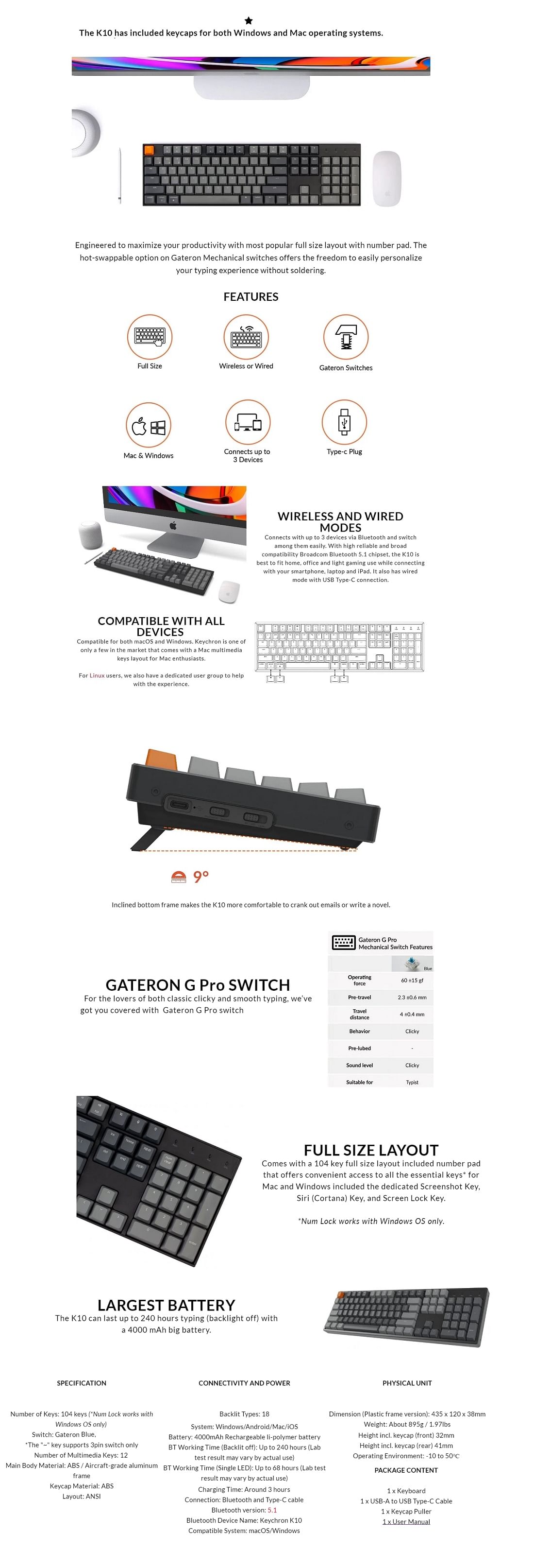 Keychron K10 Bluetooth Wireless White Backlit 104 Keys Mechanical ...