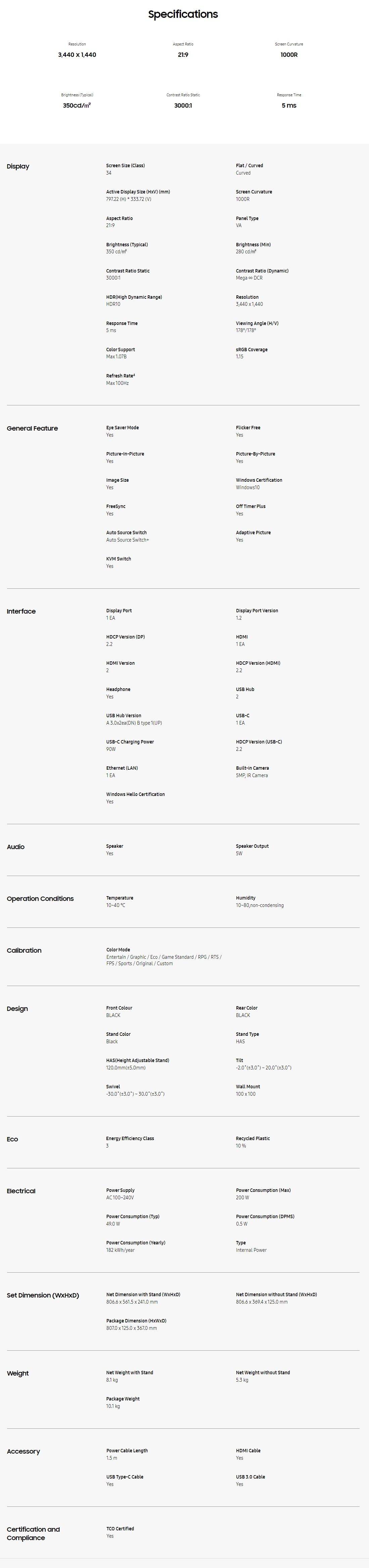 (Ex-Demo) Samsung 34" WQHD ViewFinity S65VC 100Hz Curved Webcam ...