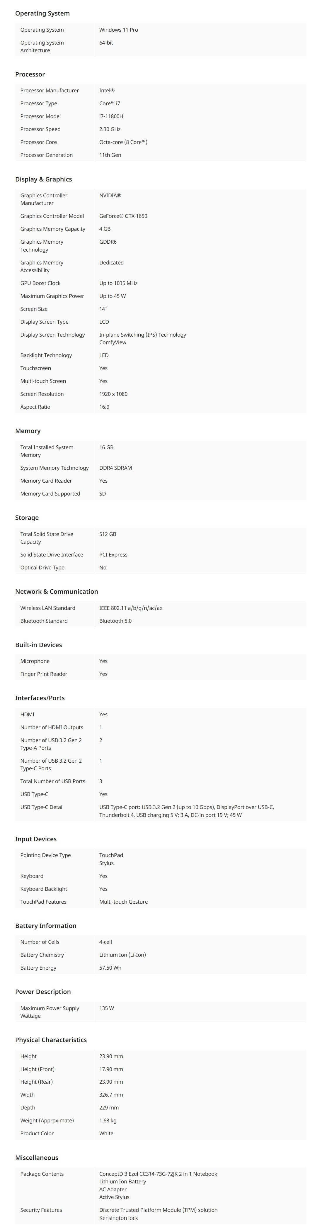 Acer ConceptD 3 Ezel 14" FHD Touchscreen Laptop, i7-11800H, 16GB RAM, 512GB SSD, GTX1650 ...