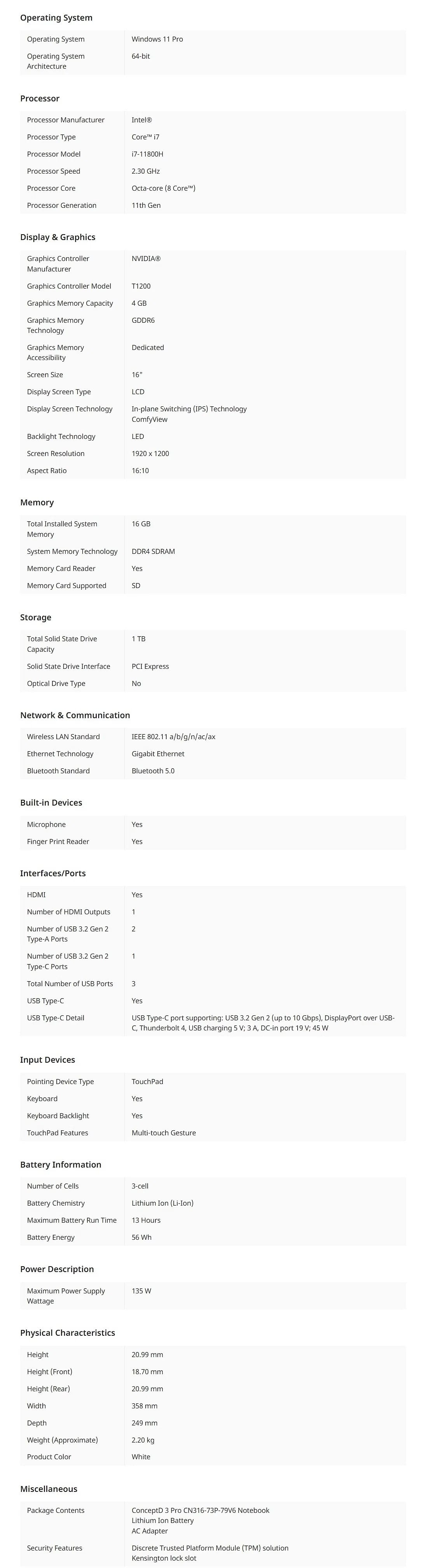 (Ex-Demo) Acer ConceptD 3 Pro 16" Content Creator Laptop, i7 Processor ...