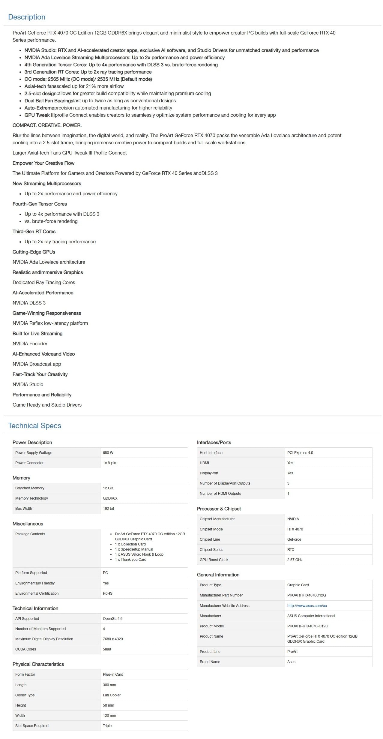 Asus ProArt GeForce RTX 4070 OC Edition 12GB GDDR6X Graphic Card