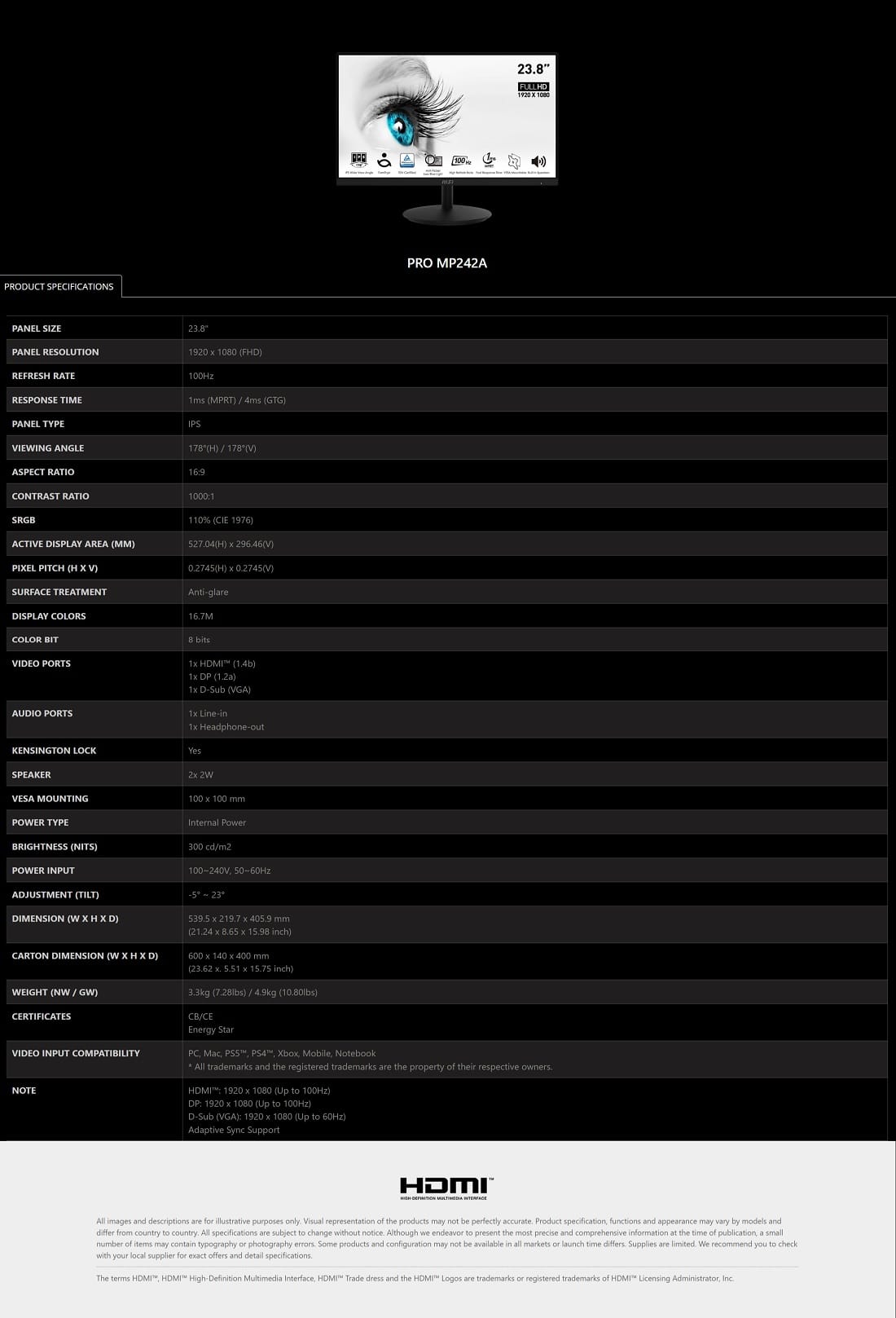 MSI MP242A 24" FHD IPS 1ms 100Hz Monitor