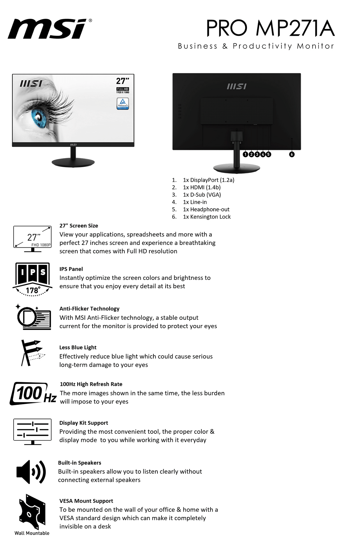 MSI MP271A 27" FHD IPS 1ms 100Hz Monitor