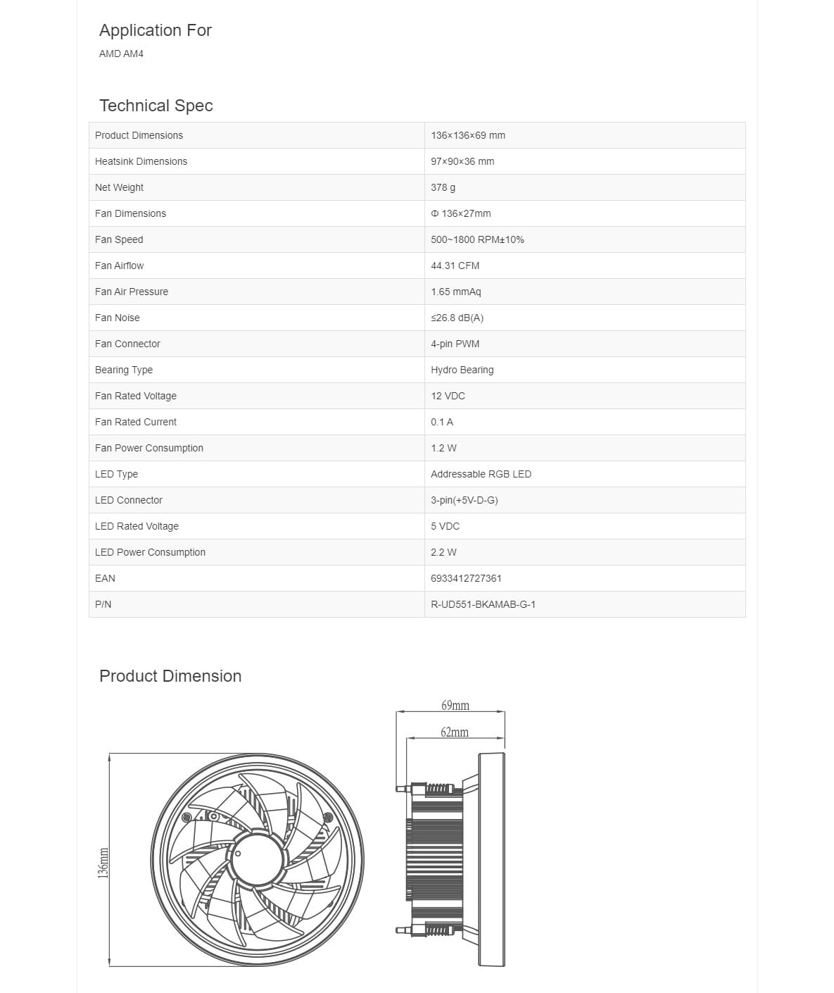 Deepcool UD551 136mm ARGB CPU Cooler for AMD AM4 - Black