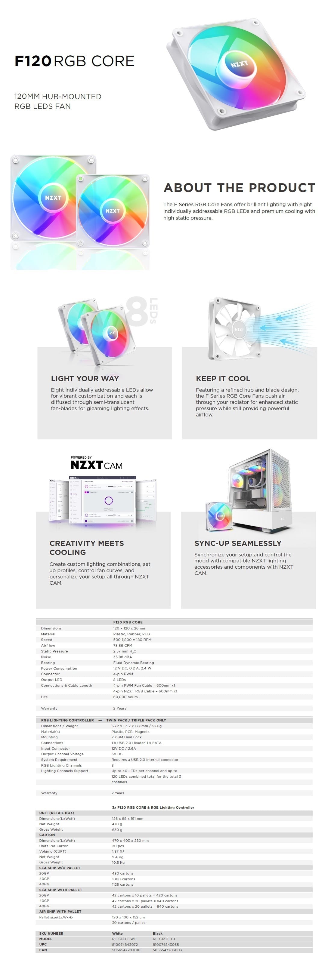 NZXT F120RGB Core 120mm RGB Fans Triple Pack White