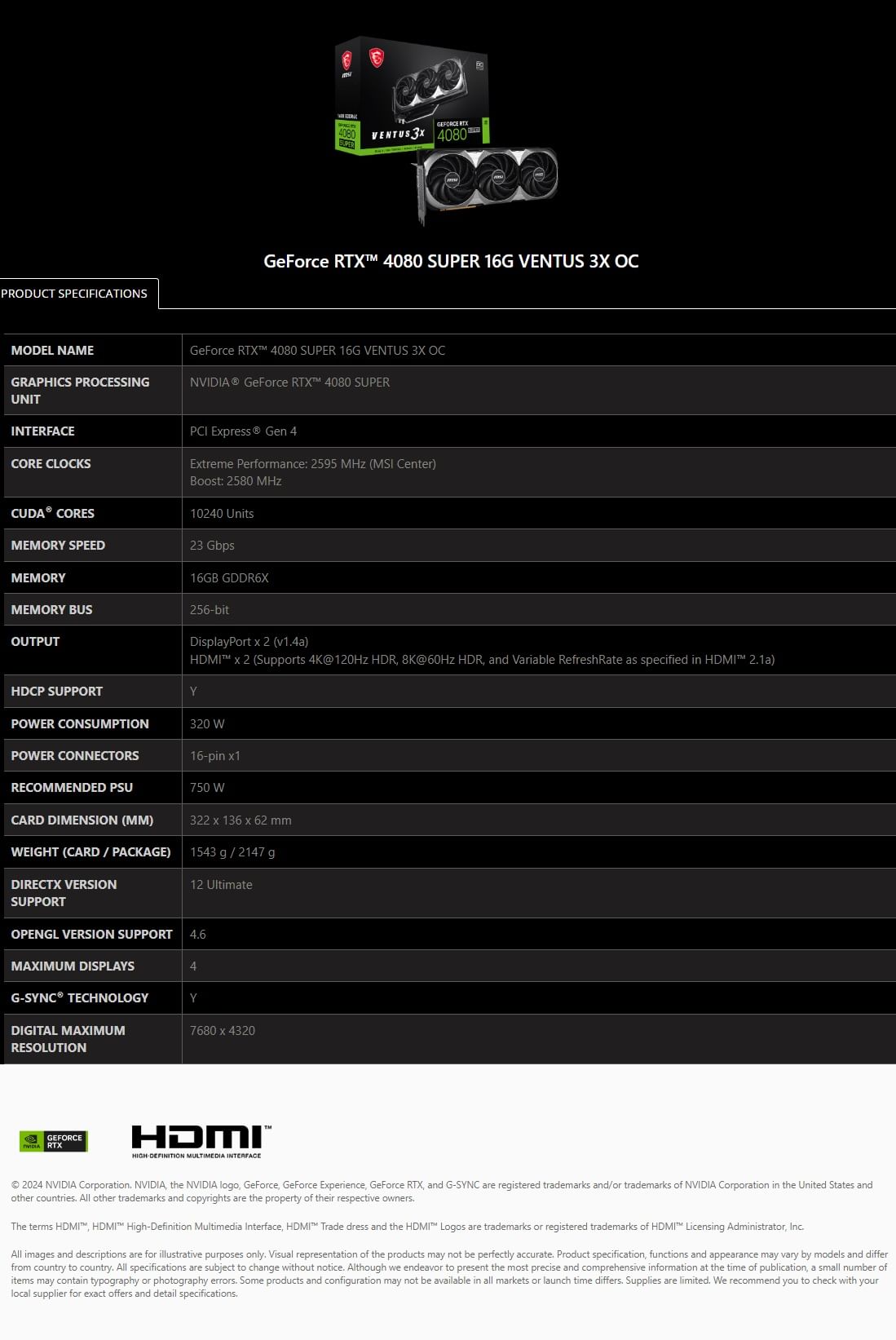 MSI GeForce RTX 4080 SUPER 16GB VENTUS 3X OC Graphics Card