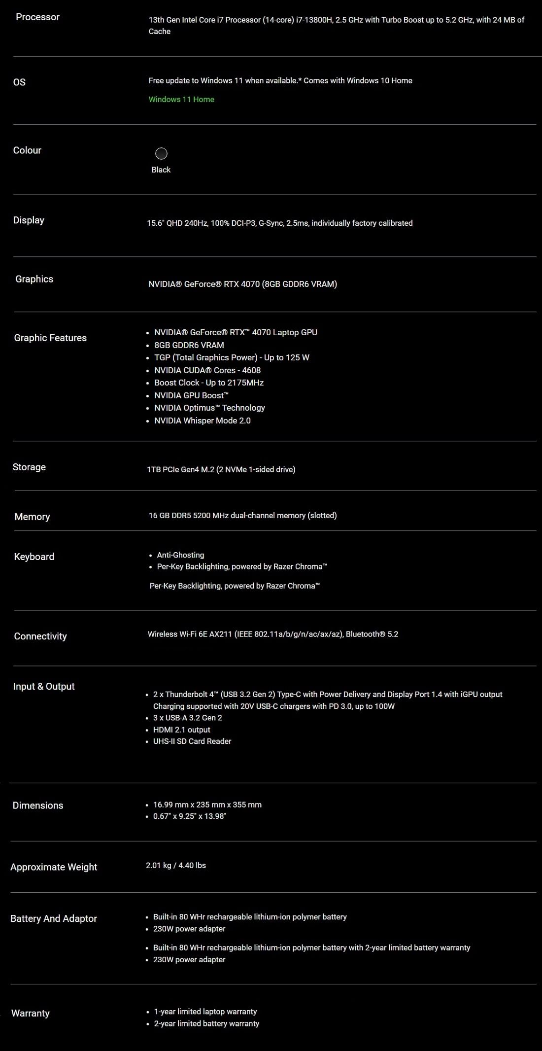 Razer Blade 15 15.6" QHD 240Hz Laptop, i7-13800H, 16GB RAM, 1TB SSD ...