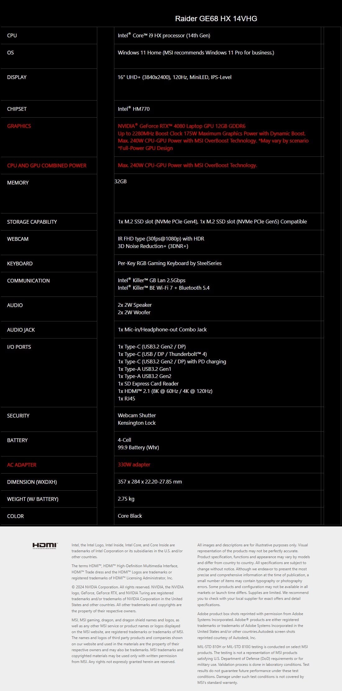 MSI GE68 HX 14VHG 2024 16" UHD+ 120Hz Mini LED Gaming Laptop, Intel ...