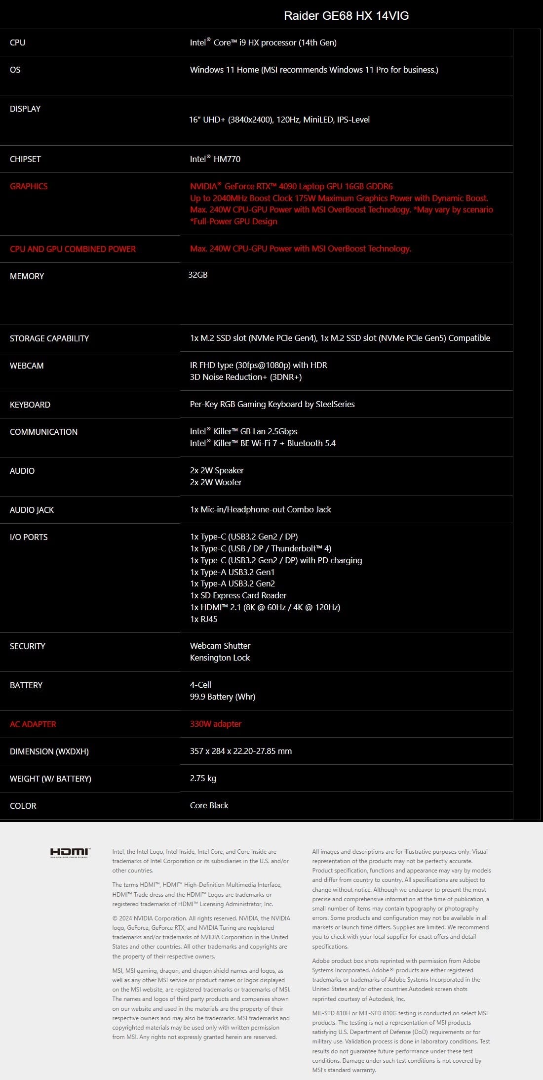 MSI Raider GE68 HX 14VIG 2024 16" UHD+ 120Hz Mini Led Gaming Laptop ...