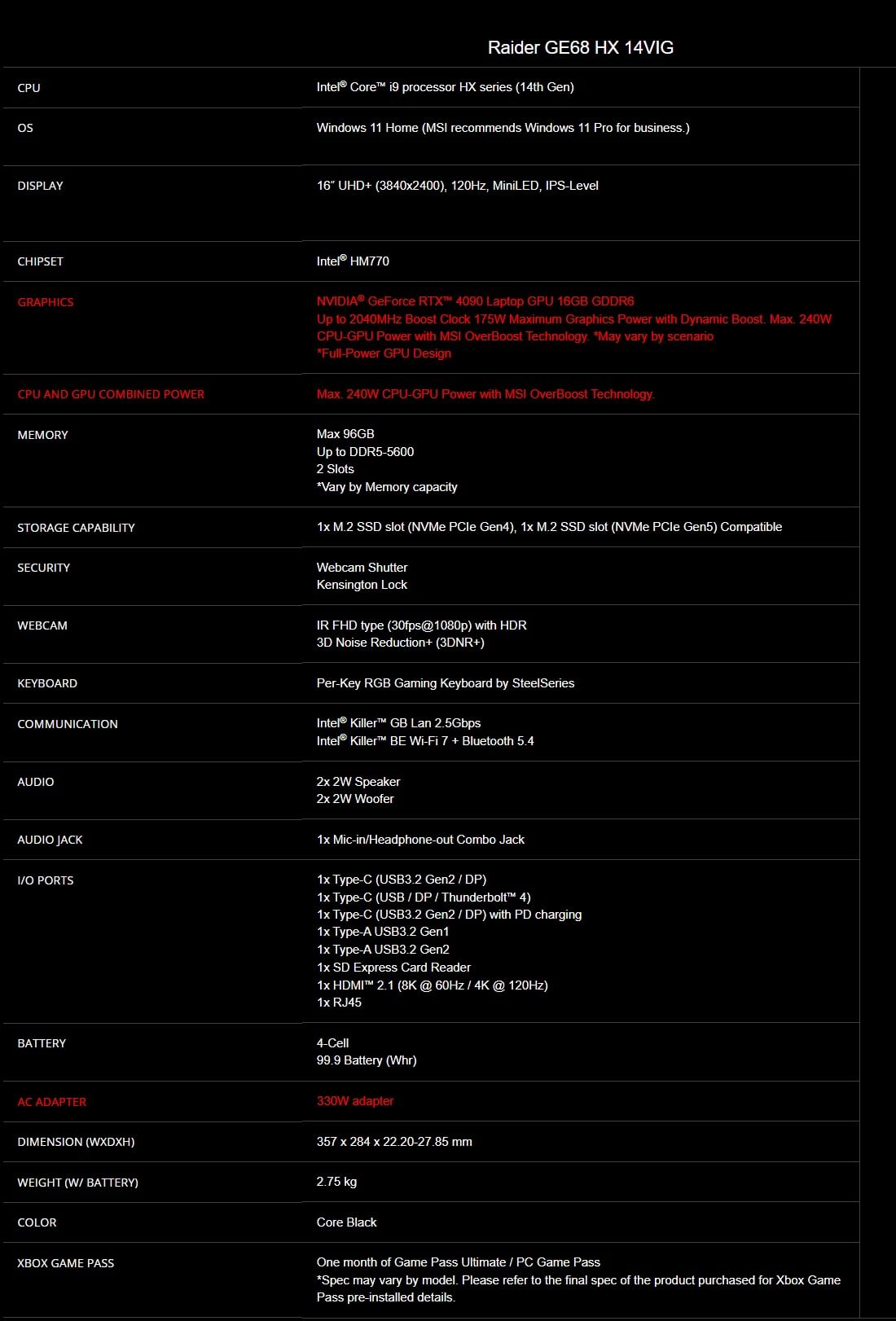 MSI Raider GE68 HX 14VIG 2024 16" UHD+ 120Hz Mini LED Gaming Laptop, i9 ...