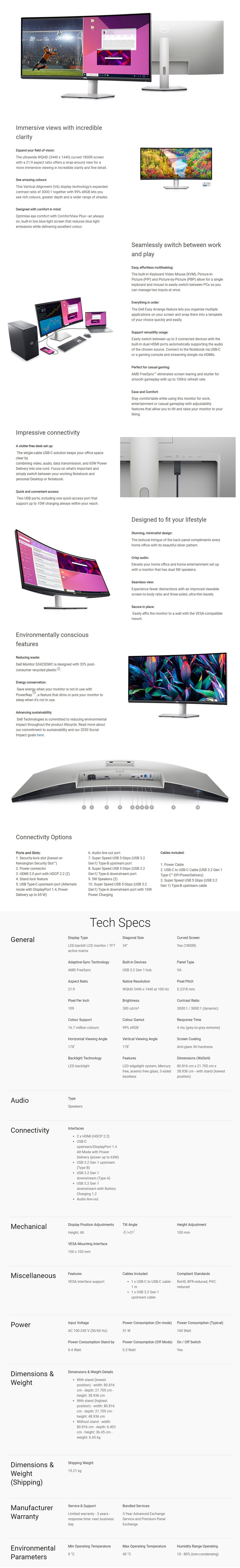 Dell S3423DWC 34" Ultrawide WQHD USB-C Curved Height Adjustable ...
