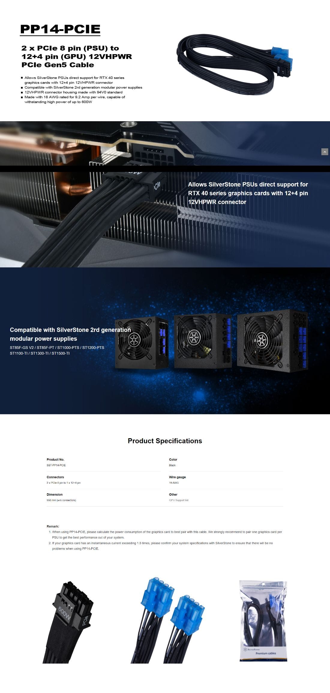 SilverStone 2xPCIe 8-Pin (PSU) to 12+4-Pin (GPU) 12VHPWR PCIe Gen5 Cable