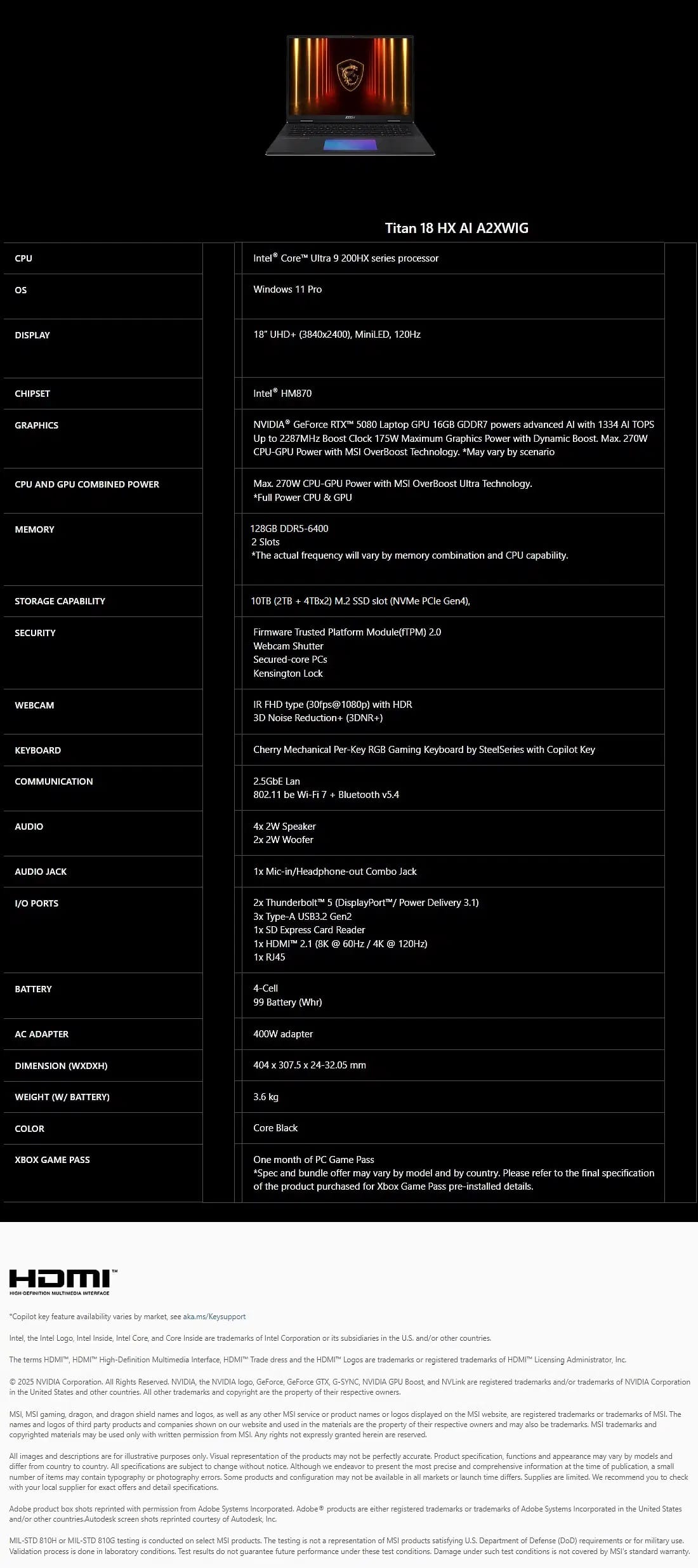 MSI Titan 18HX AI A2XWIG 18" UHD+ Mini LED 120Hz Laptop, Ultra 9 285HX ...