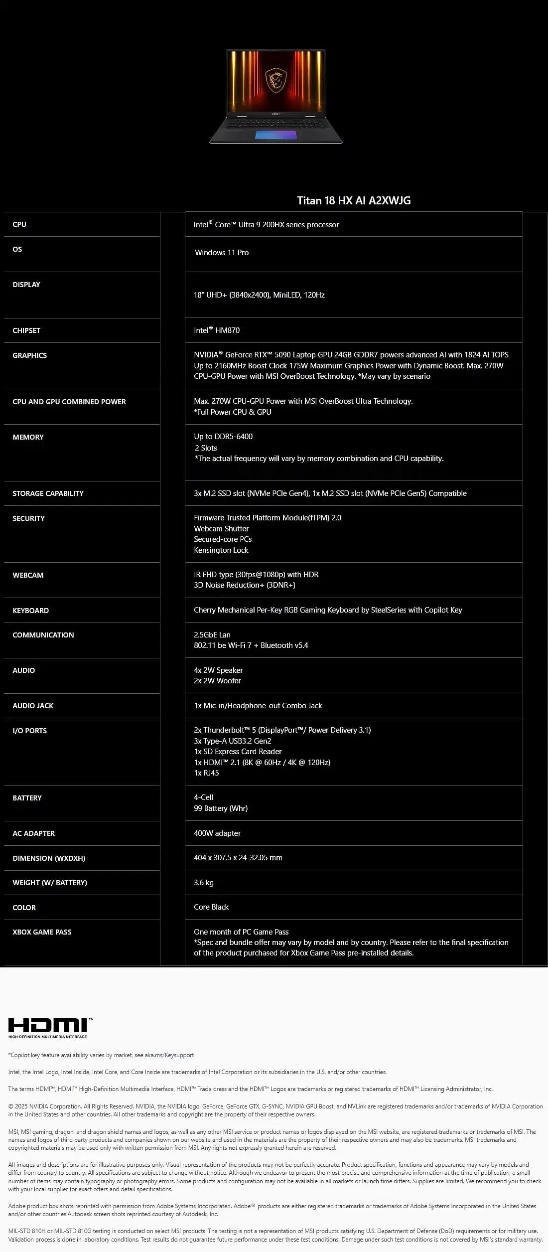 MSI Titan 18HX AI A2XWJG 18" UHD+ MiniLED 120Hz Laptop, Ultra 9 285HX ...