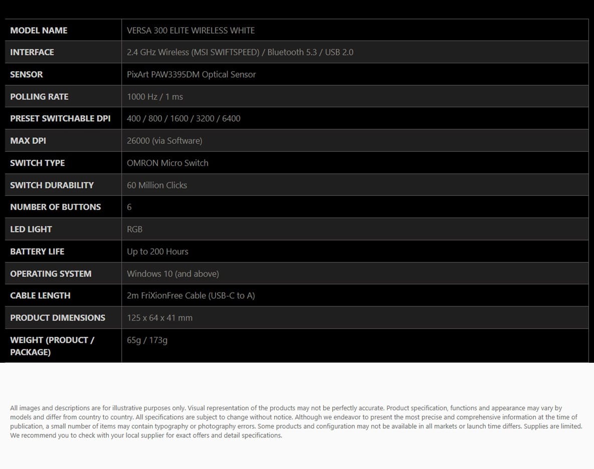 MSI Versa 300 Elite Wireless Gaming Mouse - White