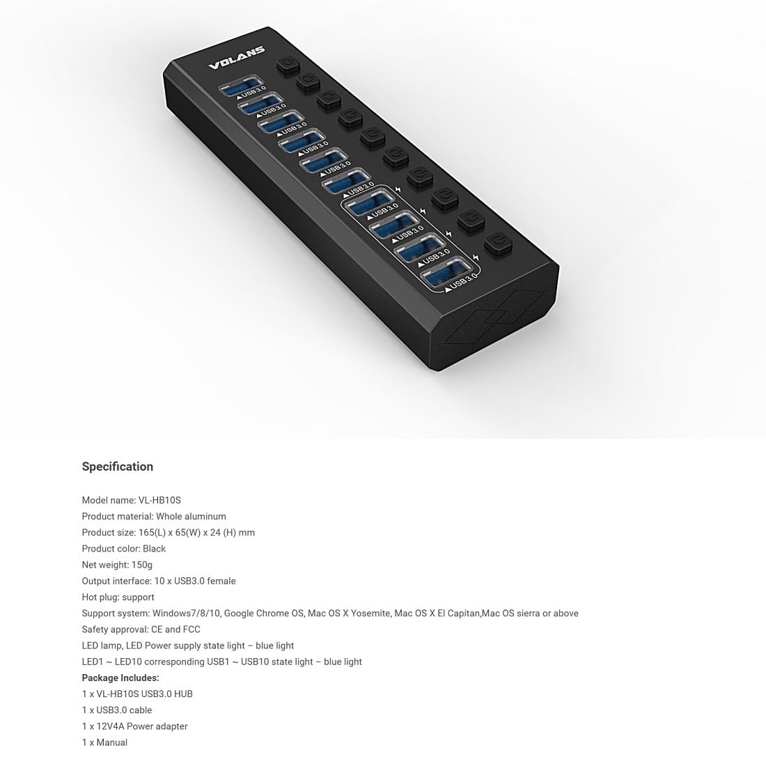 Volans VL-HB10S Aluminum 10 Ports USB3.0 HUB with 4 x Fast Charing Ports