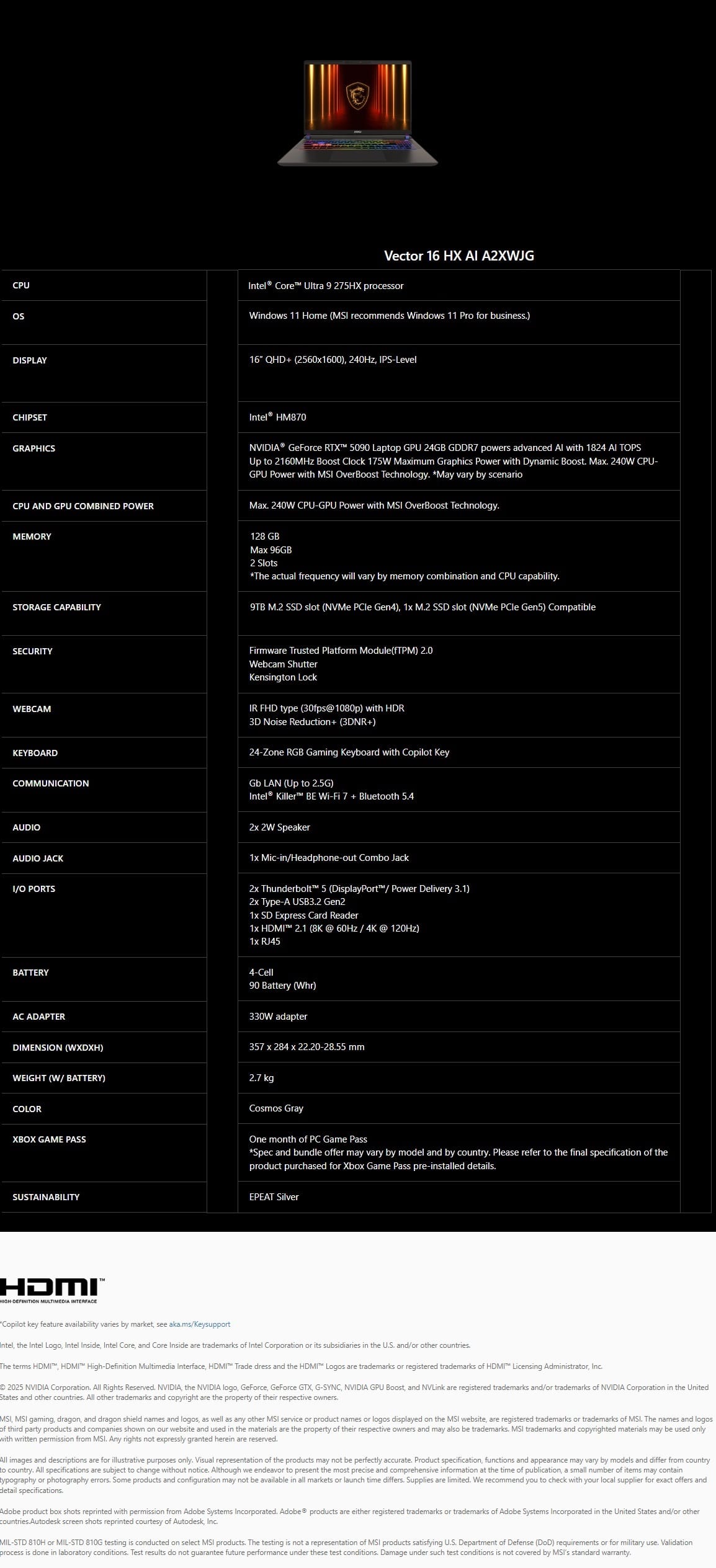 MSI Vector 16 HX AI 16" QHD IPS 240Hz Laptop, Ultra 9-275HX, 128GB RAM ...