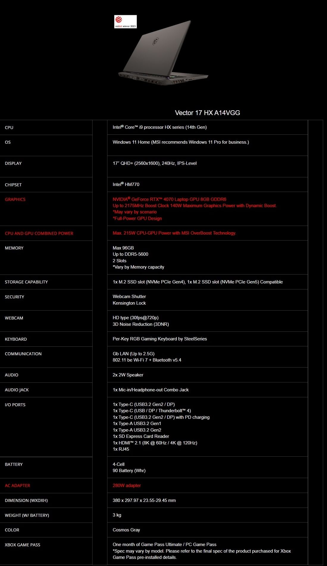 MSI 17 HX A14VGG 17" QHD+ 240Hz IPS Laptop, i9-14900HX, 64GB RAM, 2TB ...