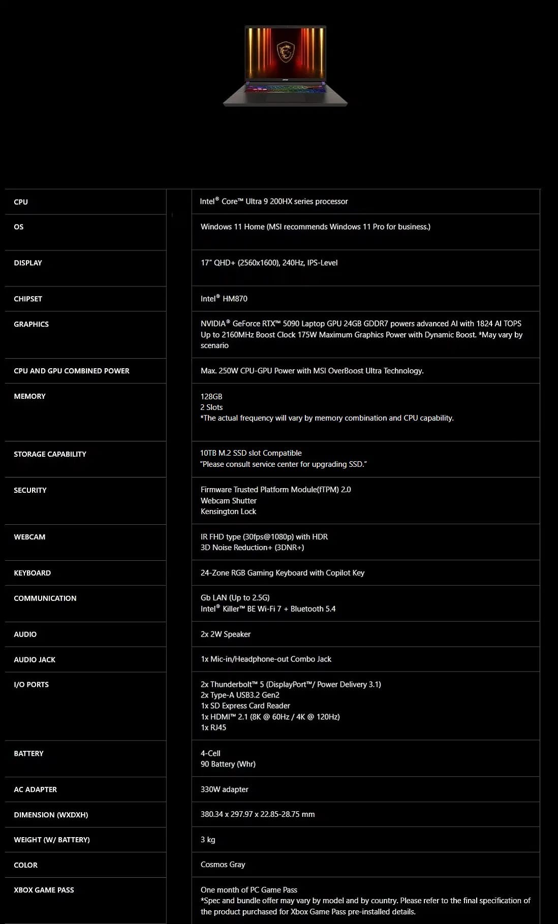 MSI Vector 17 HX AI 17" QHD IPS 240Hz Laptop, Ultra 9 200HX, 128GB RAM ...