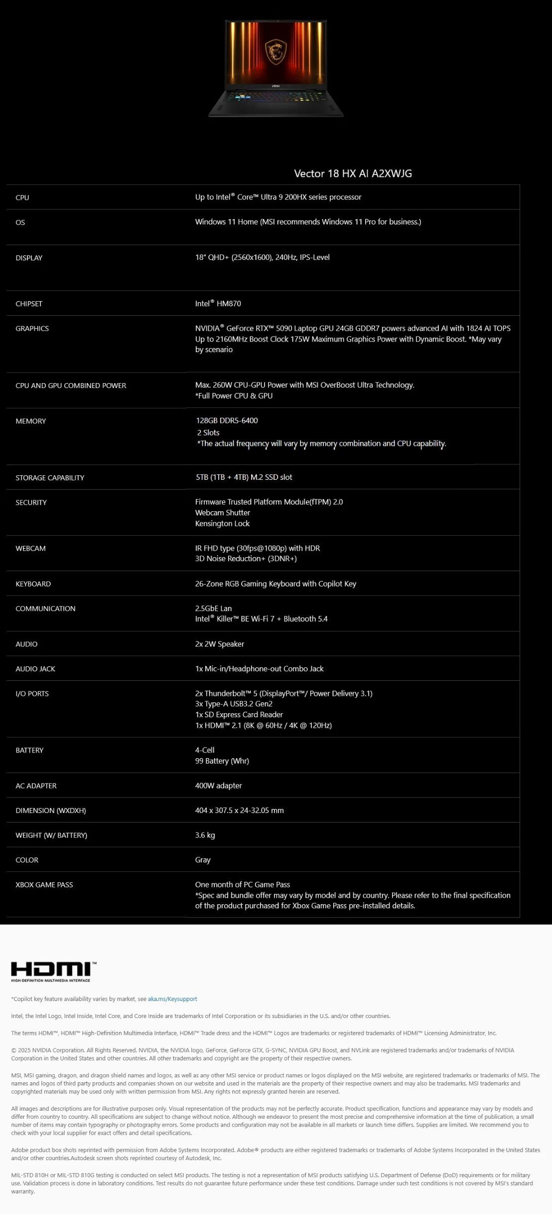 MSI Vector 18 HX AI A2XWJG 18" QHD 240Hz IPS Laptop, Ultra 9 275HX ...