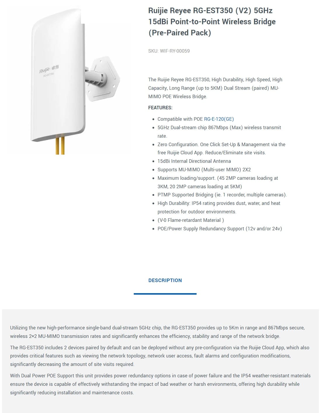 Ruijie RG-EST350 (V2) 5GHz 15dBi Point-to-Point Wireless Bridge (Pre ...