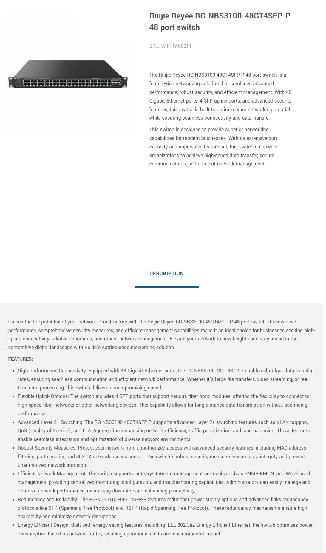 Ruijie RG-NBS3100-48GT4SFP-P 48-Port Gigabit Ethernet Layer 2 Network ...